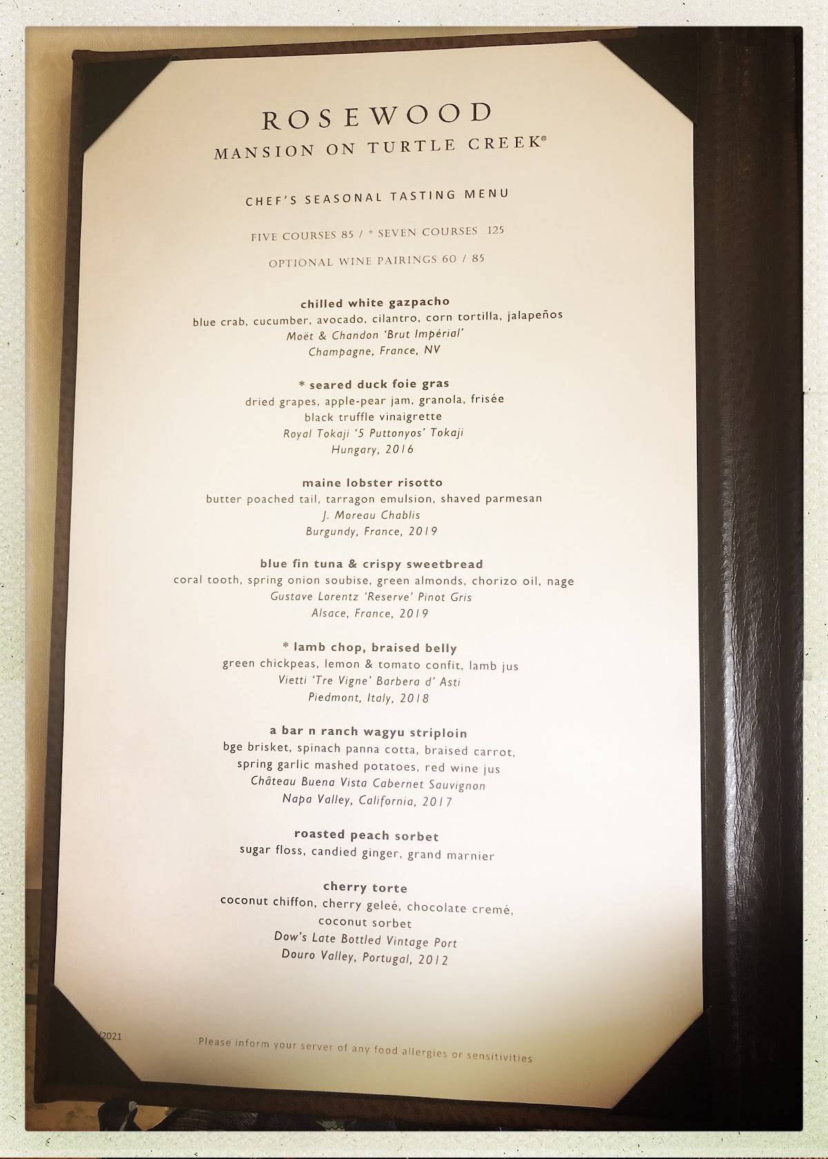 Menu at The Mansion Restaurant, Dallas, Turtle Creek Blvd