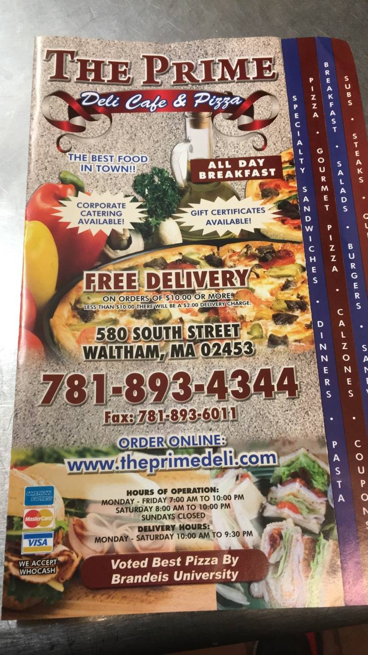 Menu at The Prime Deli & Cafe, Waltham, 580 South St