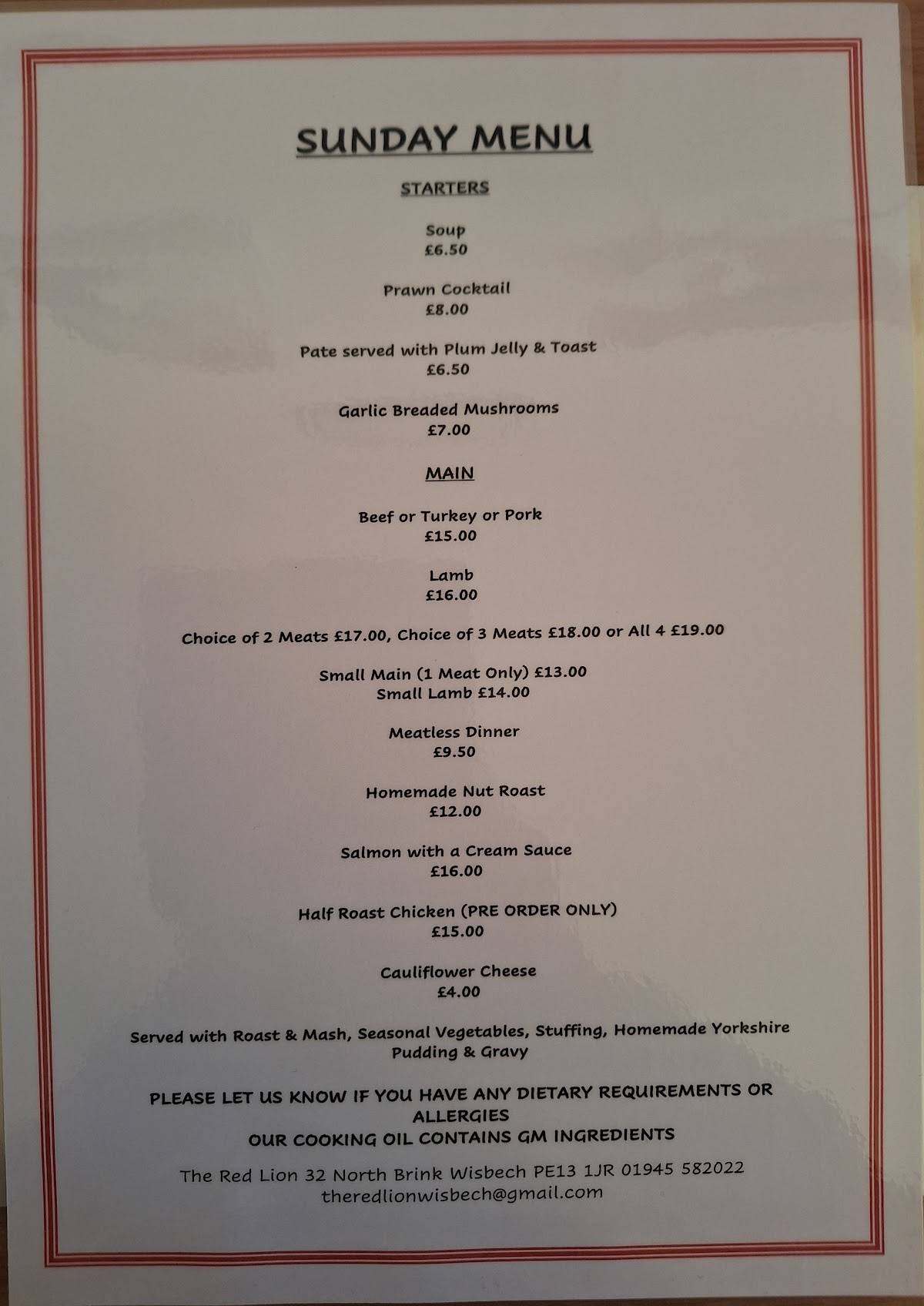 Menu at The Red Lion restaurant, Wisbech