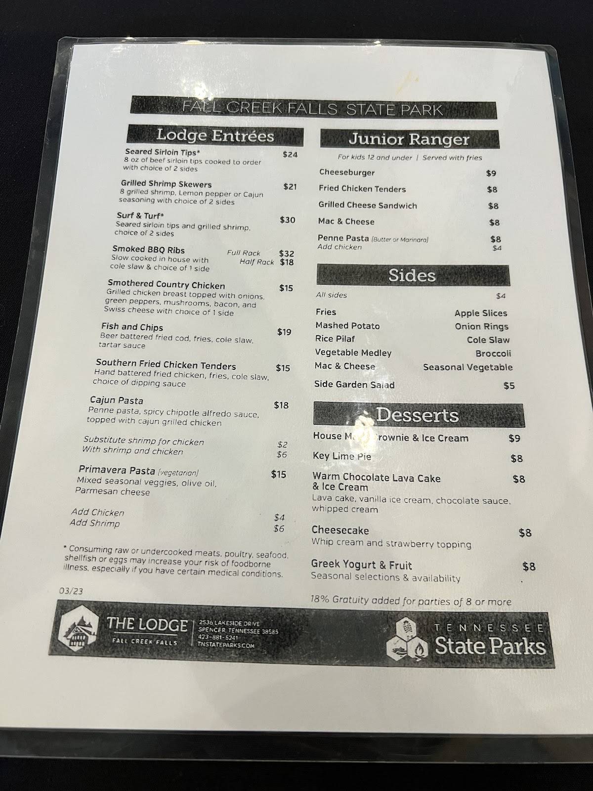 Menu at The Restaurant at Fall Creek Falls, USA