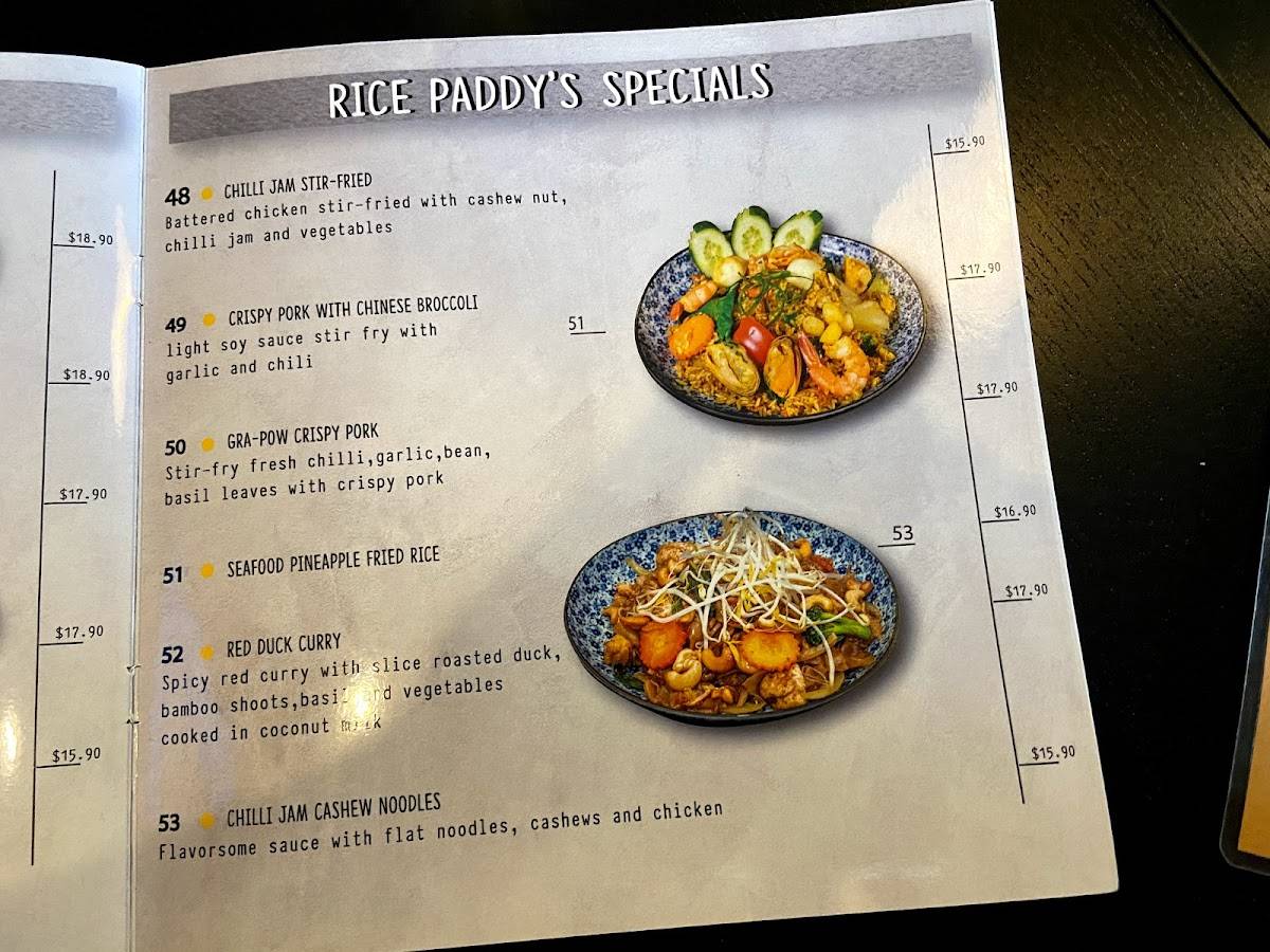 Menu at The Rice Paddy Thai restaurant, South Yarra
