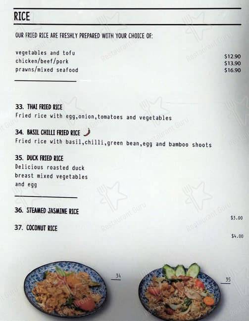 Menu at The Rice Paddy Thai restaurant, South Yarra