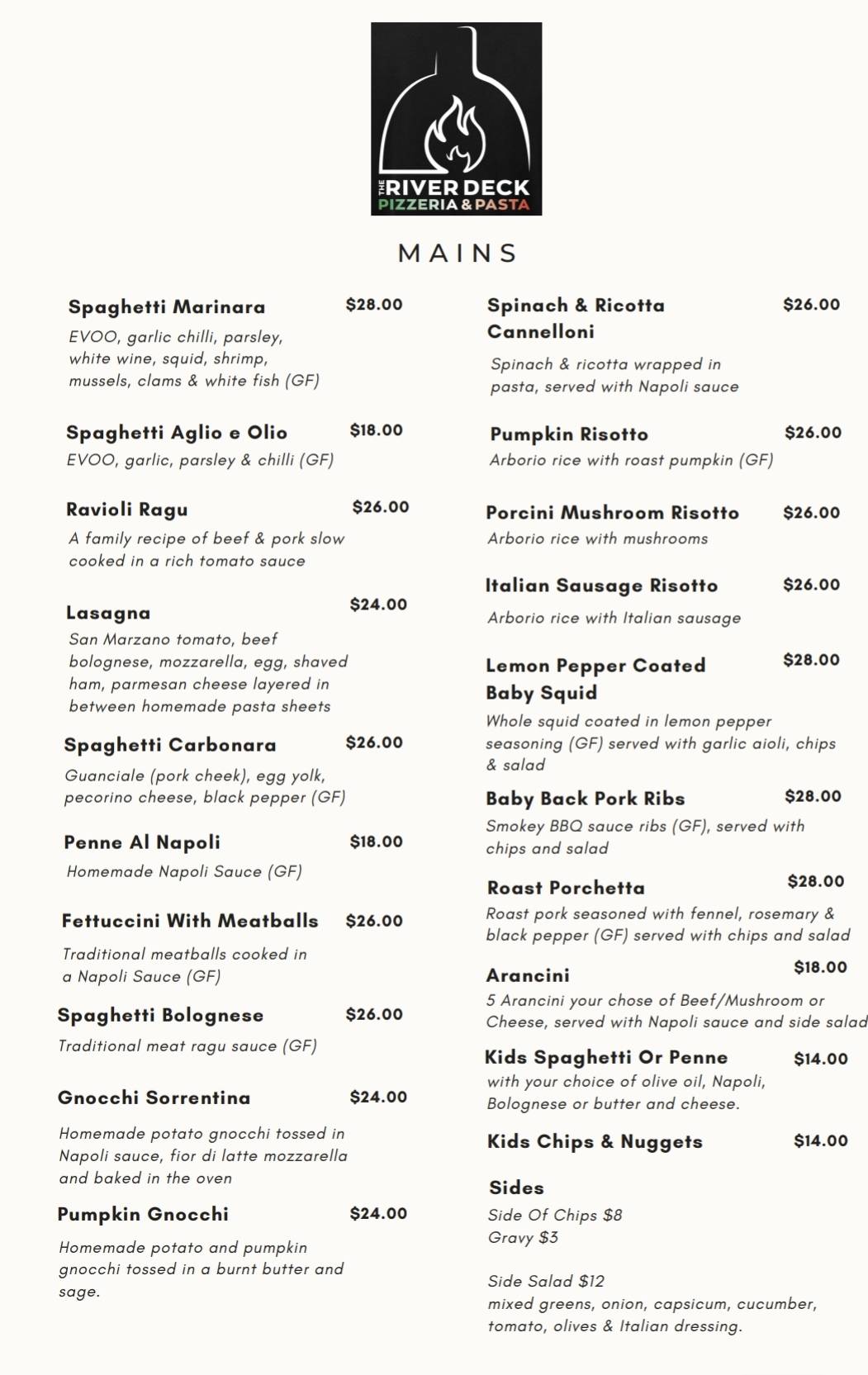Menu at The River Deck Wood Fired Pizzeria and Pasta, Tocumwal