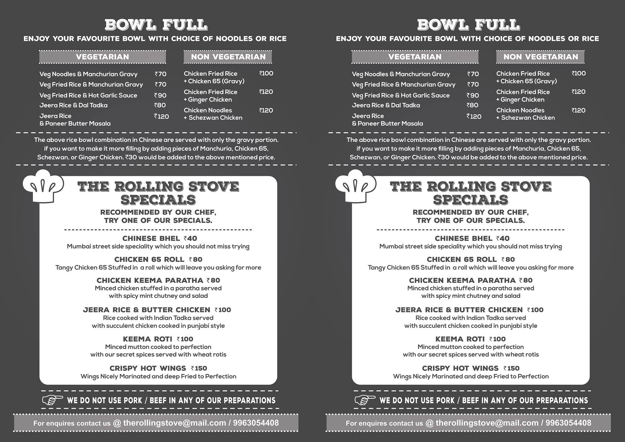 Menu at The Rolling Stove, Hyderabad, 1-120/3