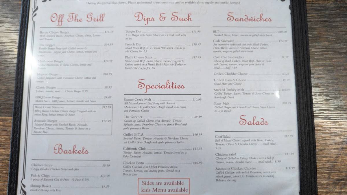 Menu at The Sandstone Cafe & Quarry Bar, Tenino