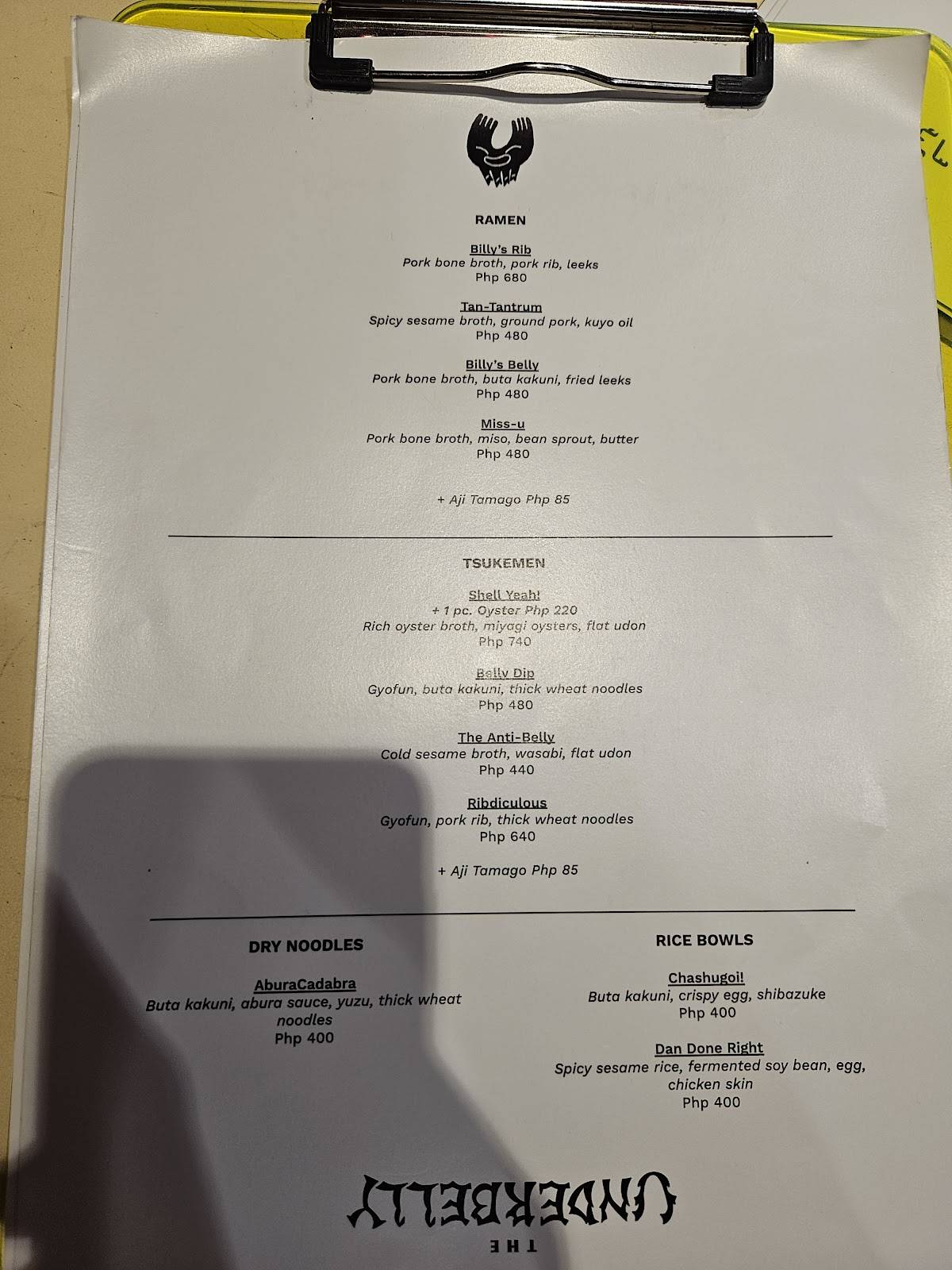 Menu at The Underbelly restaurant, Makati