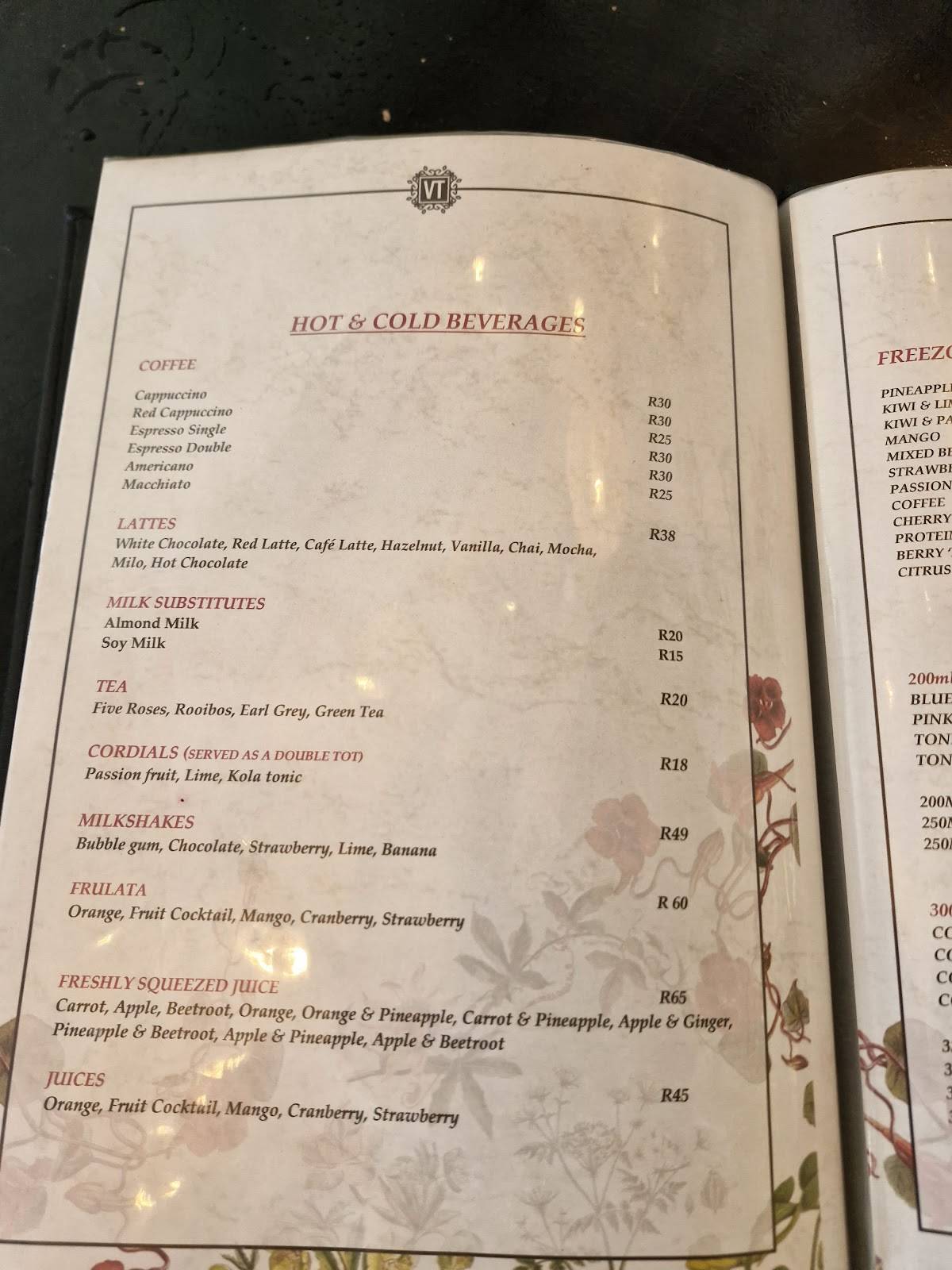 Menu at The Village Table restaurant, Durban