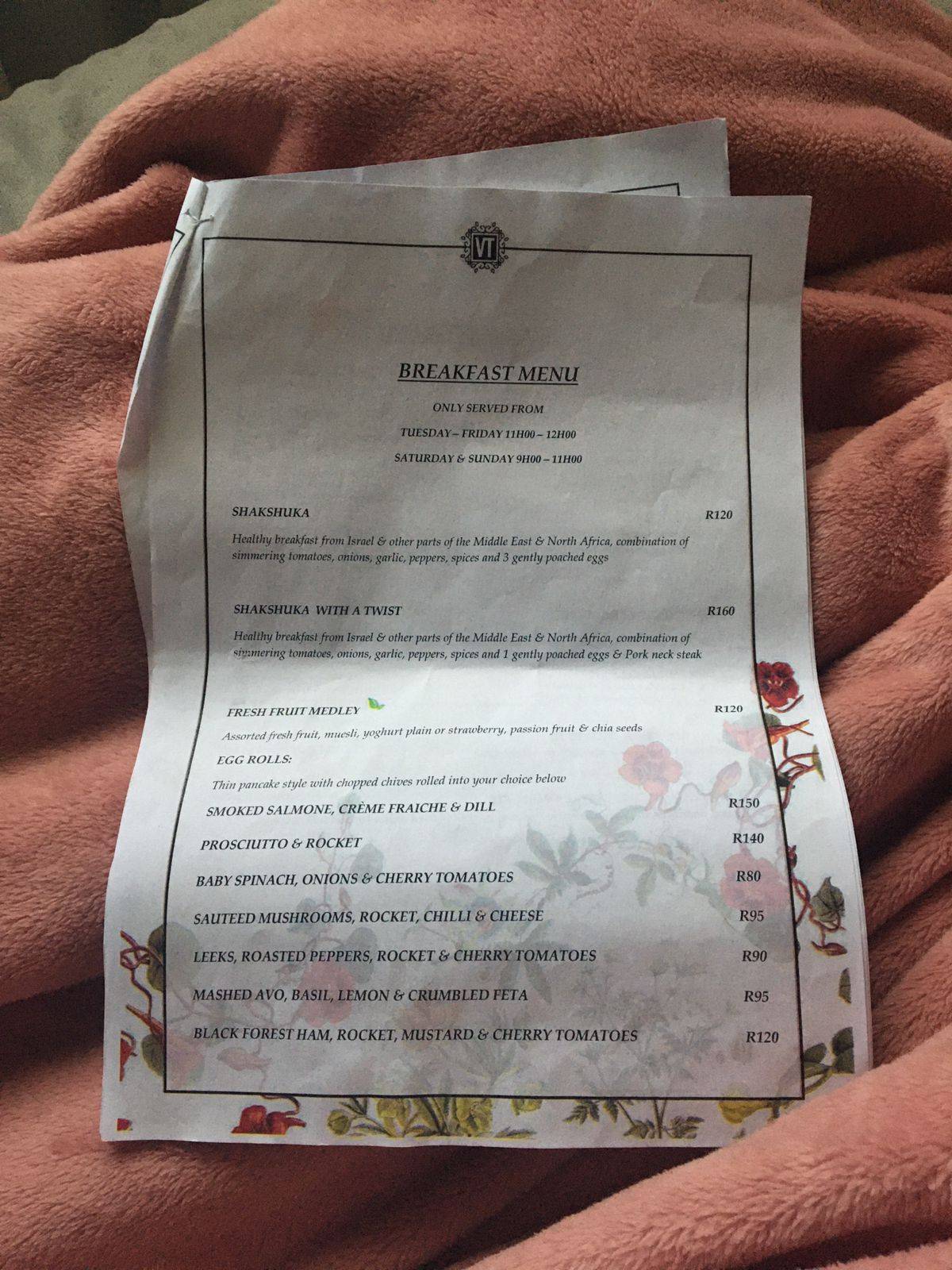 Menu at The Village Table restaurant, Durban
