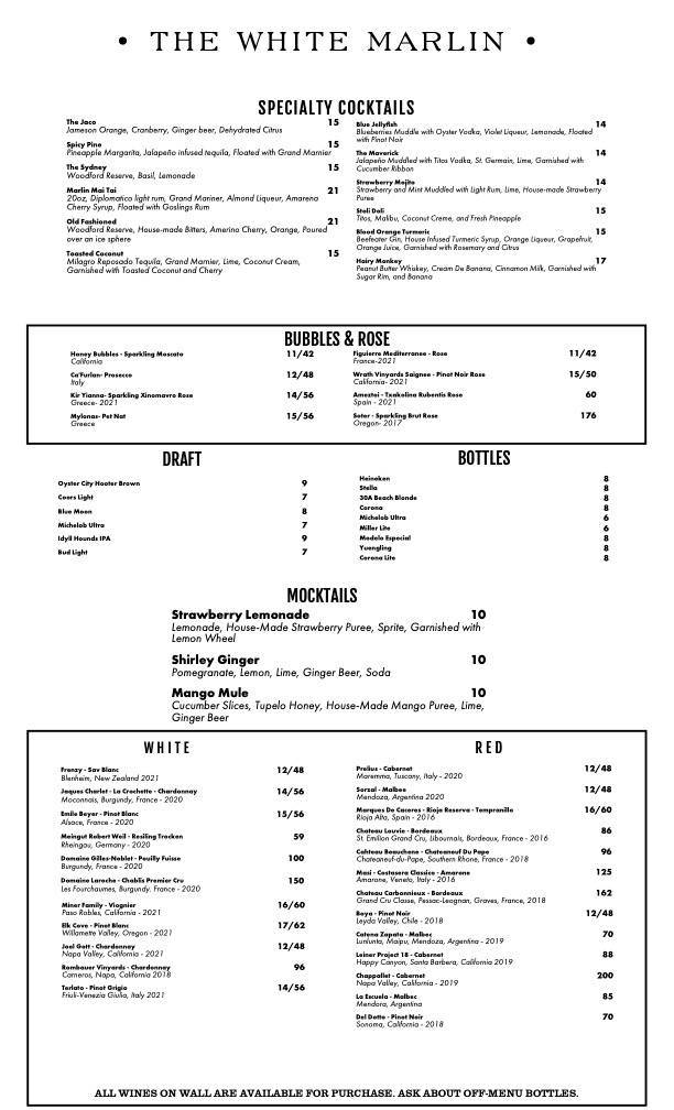 Menu at The White Marlin and Oysterette steakhouse, Port Saint Joe