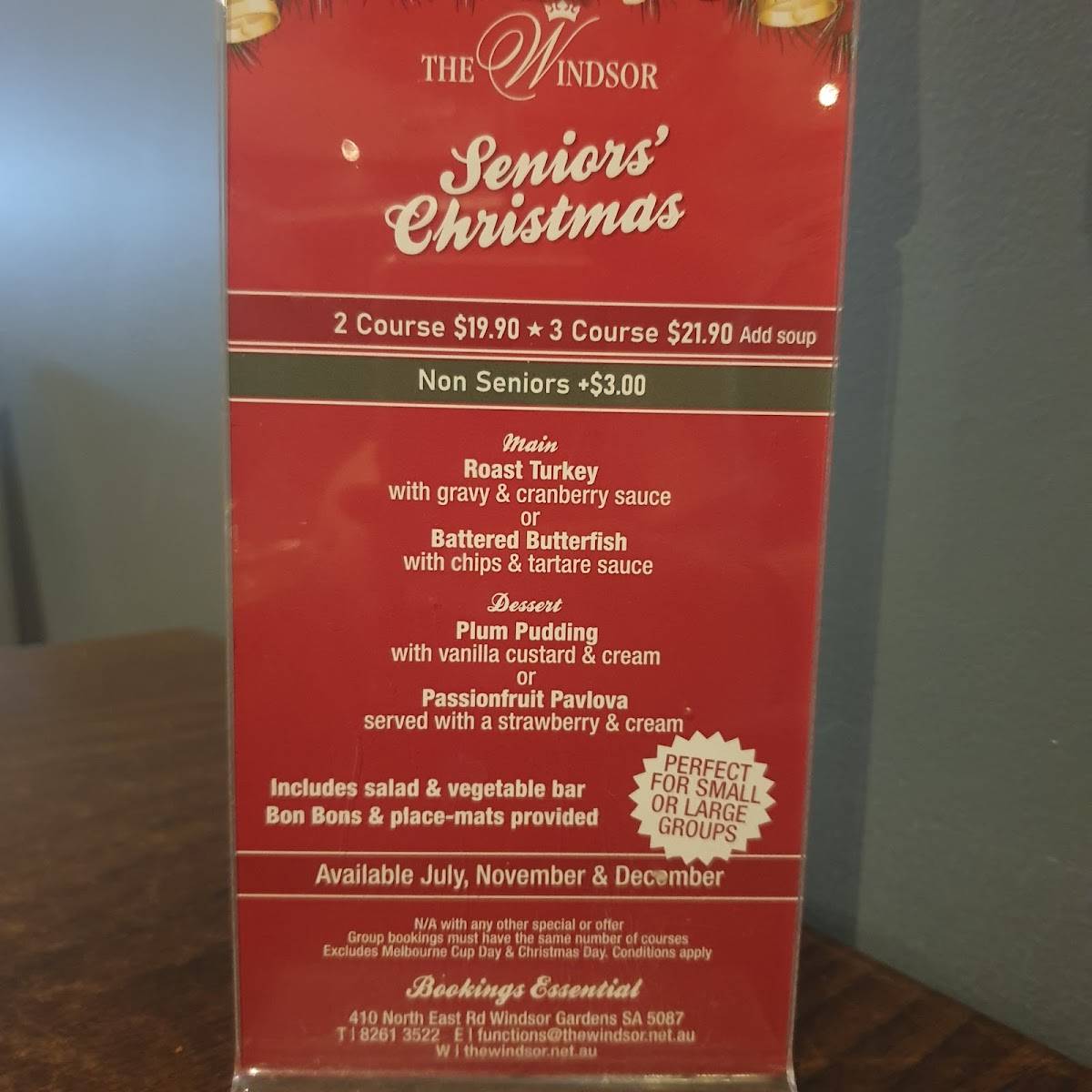 Menu at Windsor Hotel restaurant, Windsor Gardens