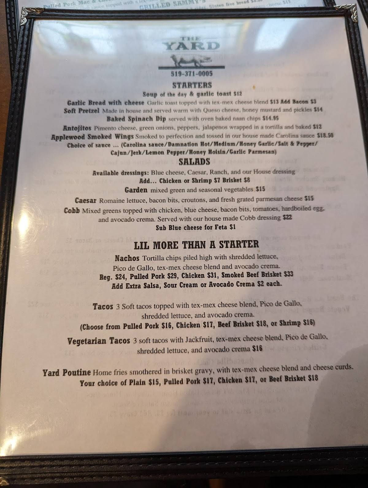 Menu at The Yard restaurant, Owen Sound
