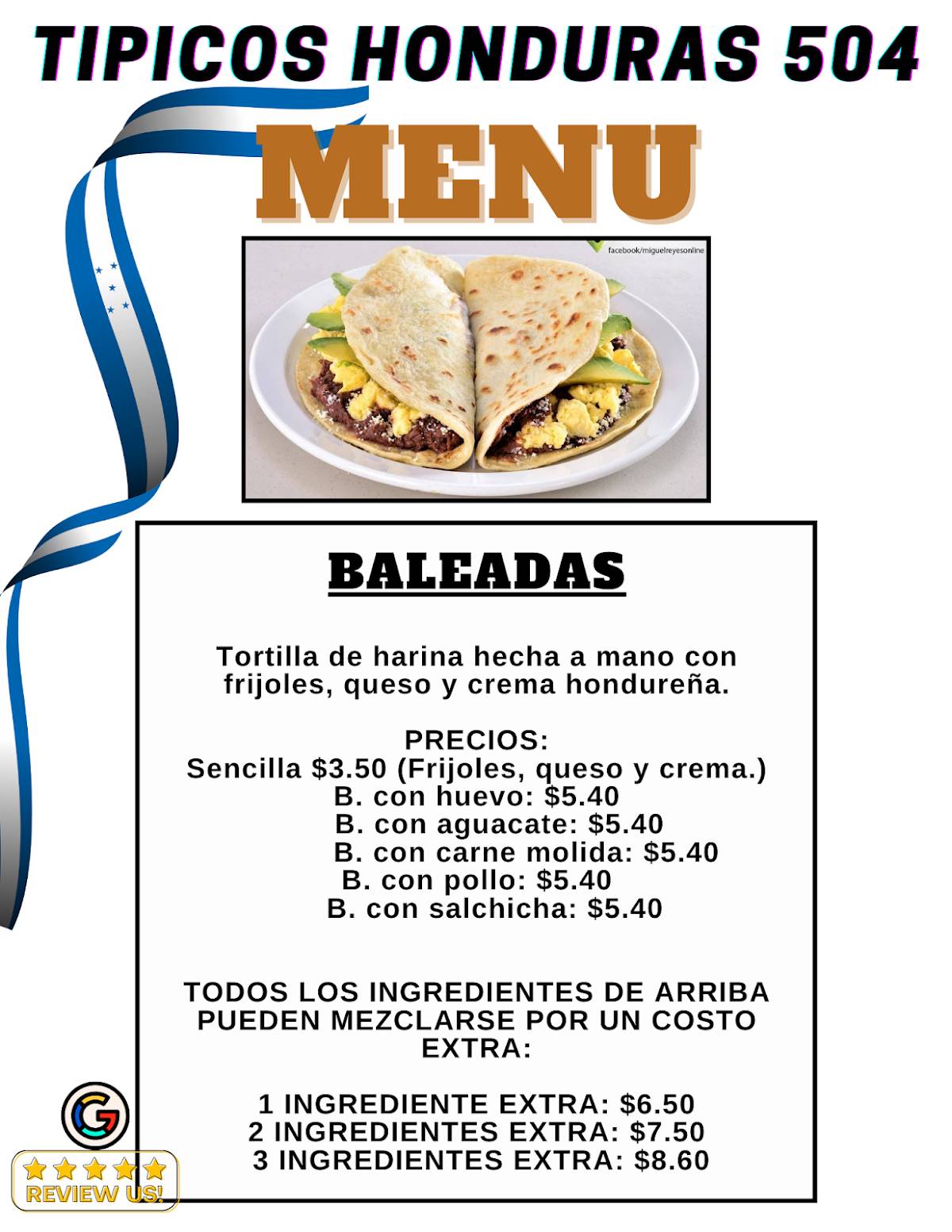 Menu at Típicos Honduras 504 restaurant, Fort Walton Beach