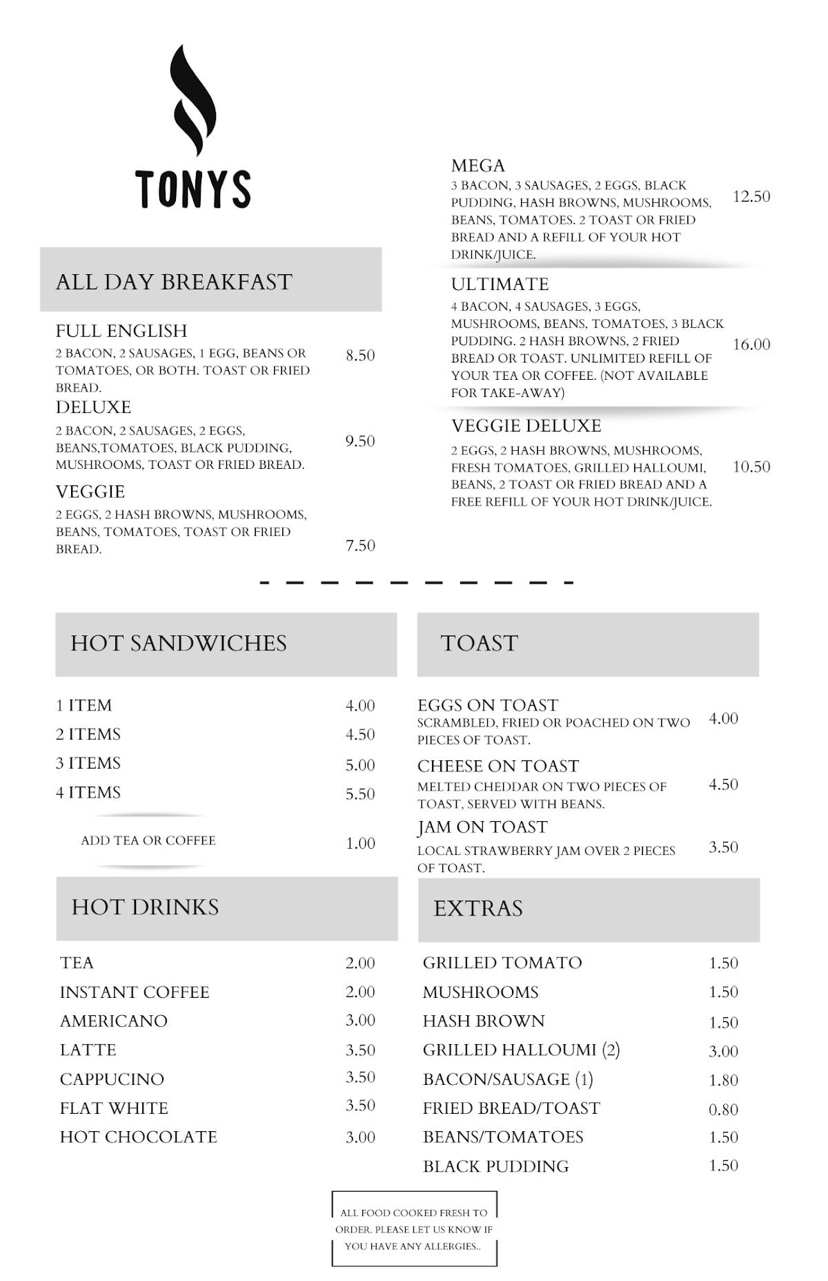Menu at Tony's Diner Cafe, Bridgnorth, Kidderminster Road