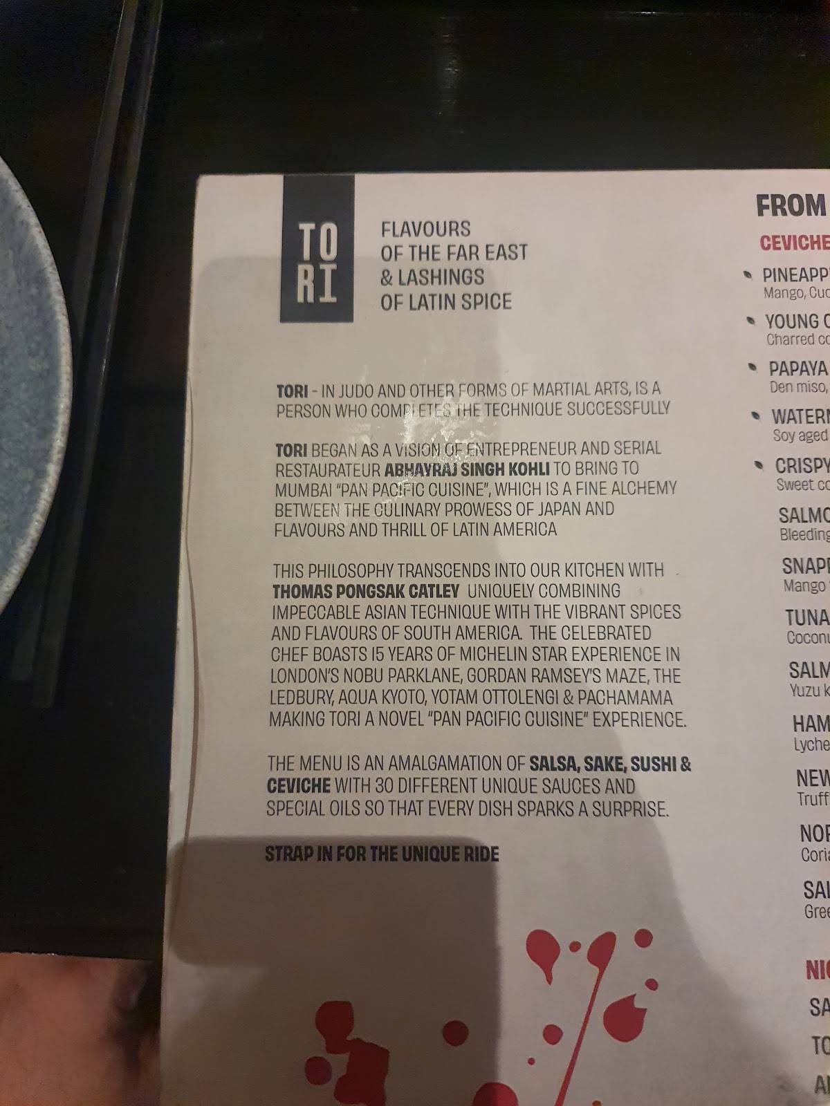 Menu at Torii, Mumbai
