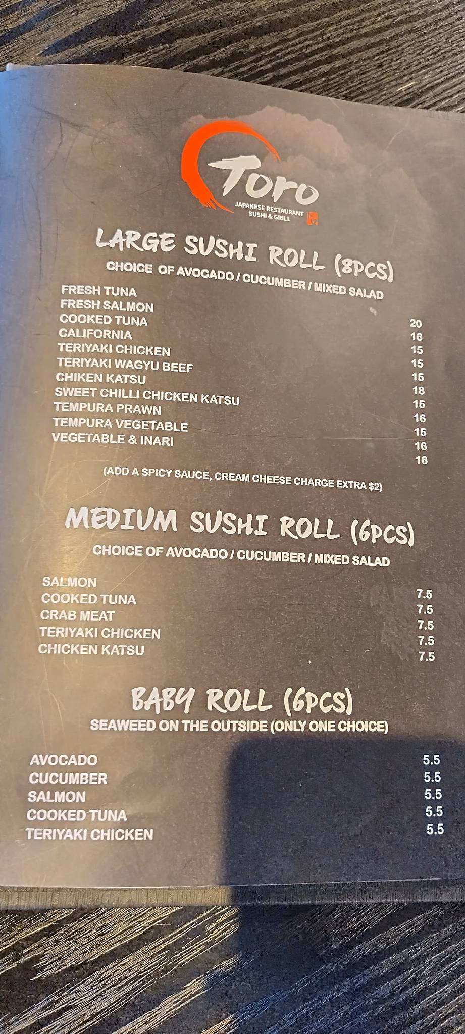 Menu at Toro Robata Sushi restaurant, Wollongong