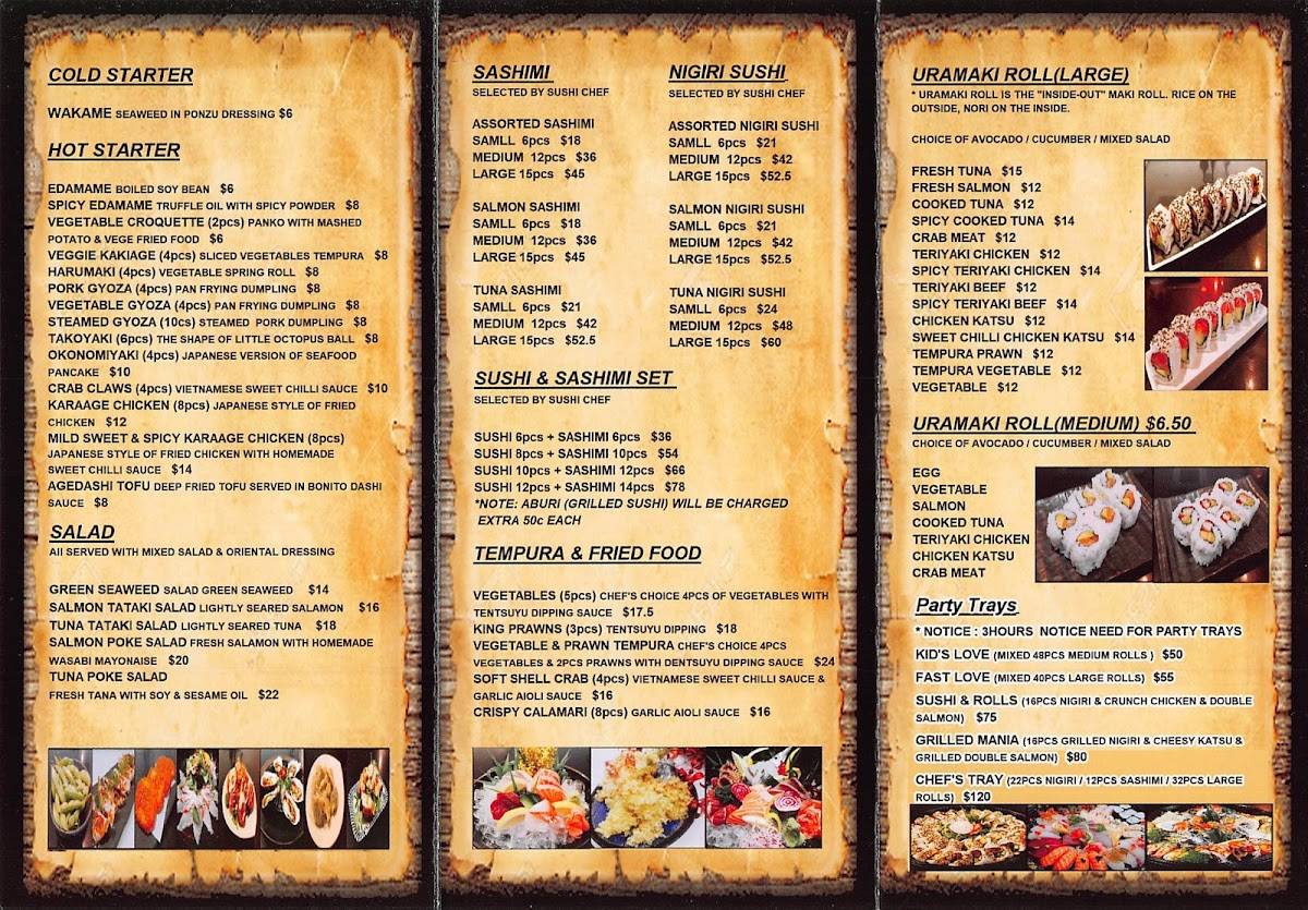 Menu at Toro Robata Sushi restaurant, Wollongong