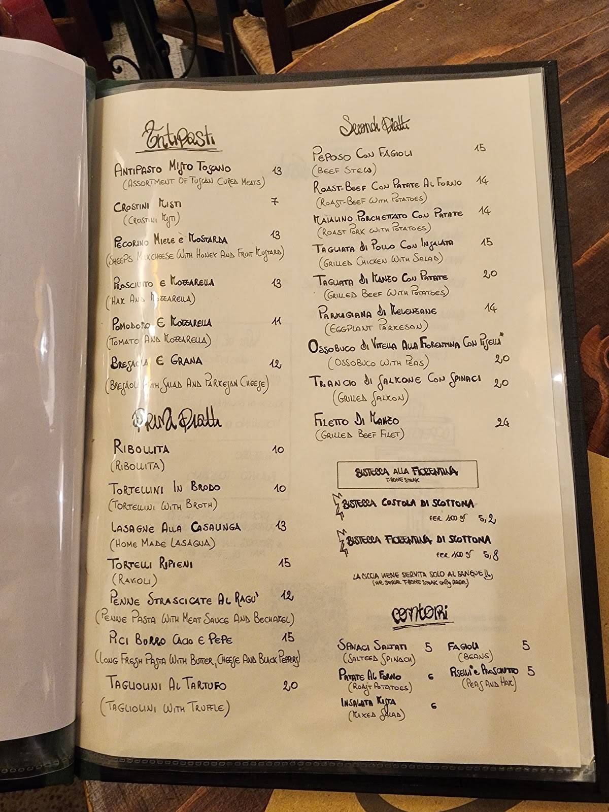 Menu da Trattoria Marione ristorante, Firenze