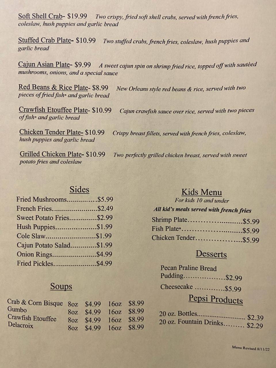 Menu at Triangle Seafood & Po Boy restaurant, Hattiesburg