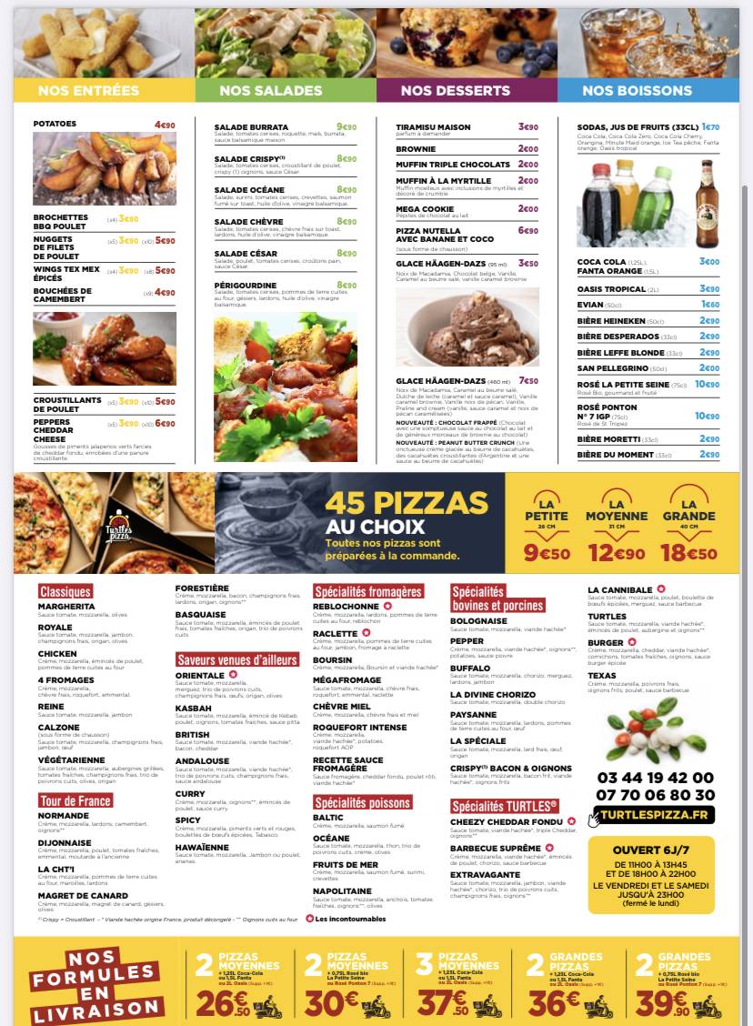 Menu au Turtles pizza restaurant, Saint-Just-en-Chaussée