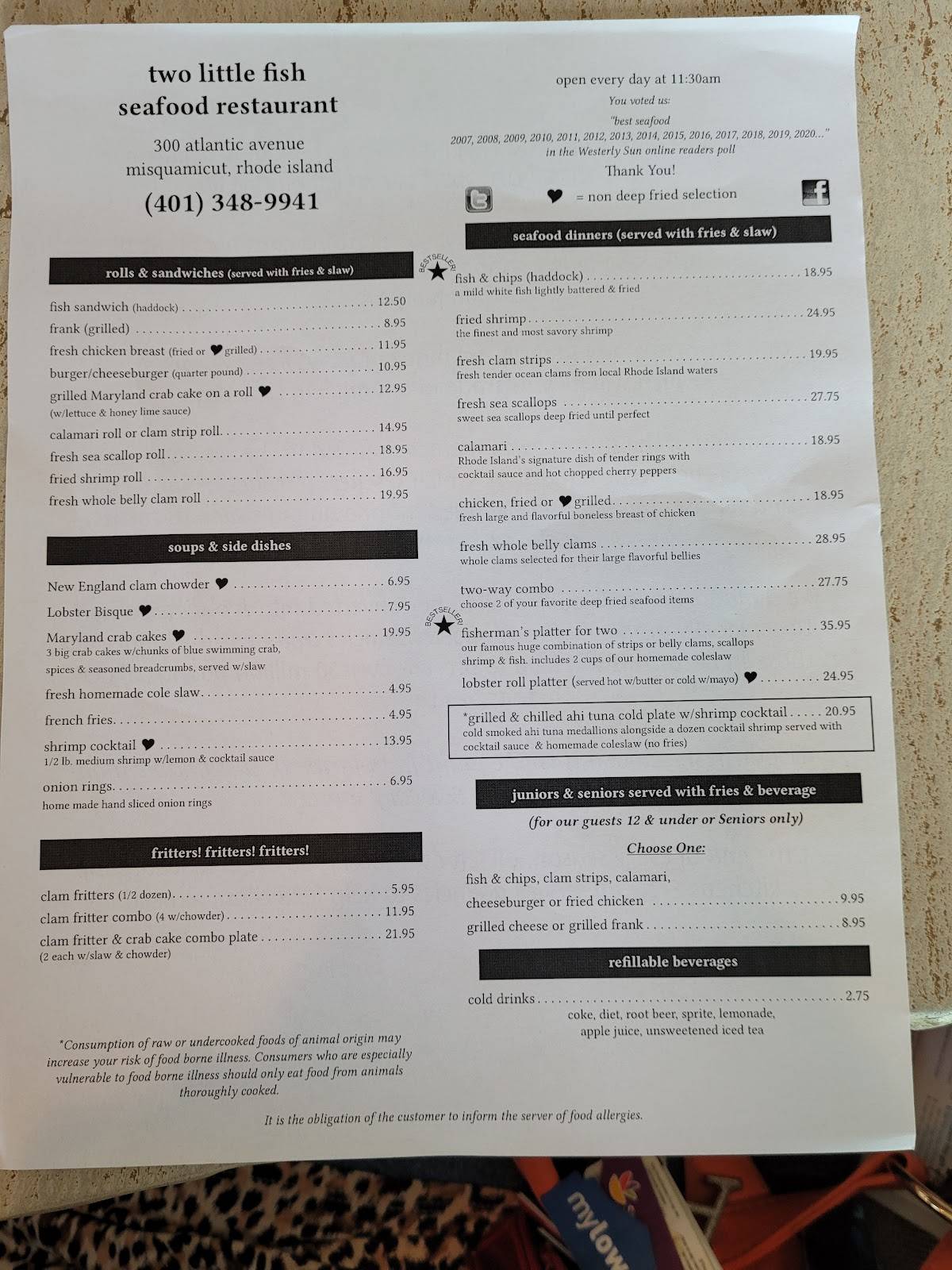 Menu at Two Little Fish restaurant, Westerly