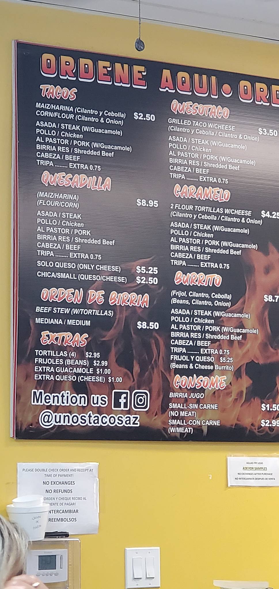 Menu at UNOS TACOS Y BIRRIA restaurant, Phoenix