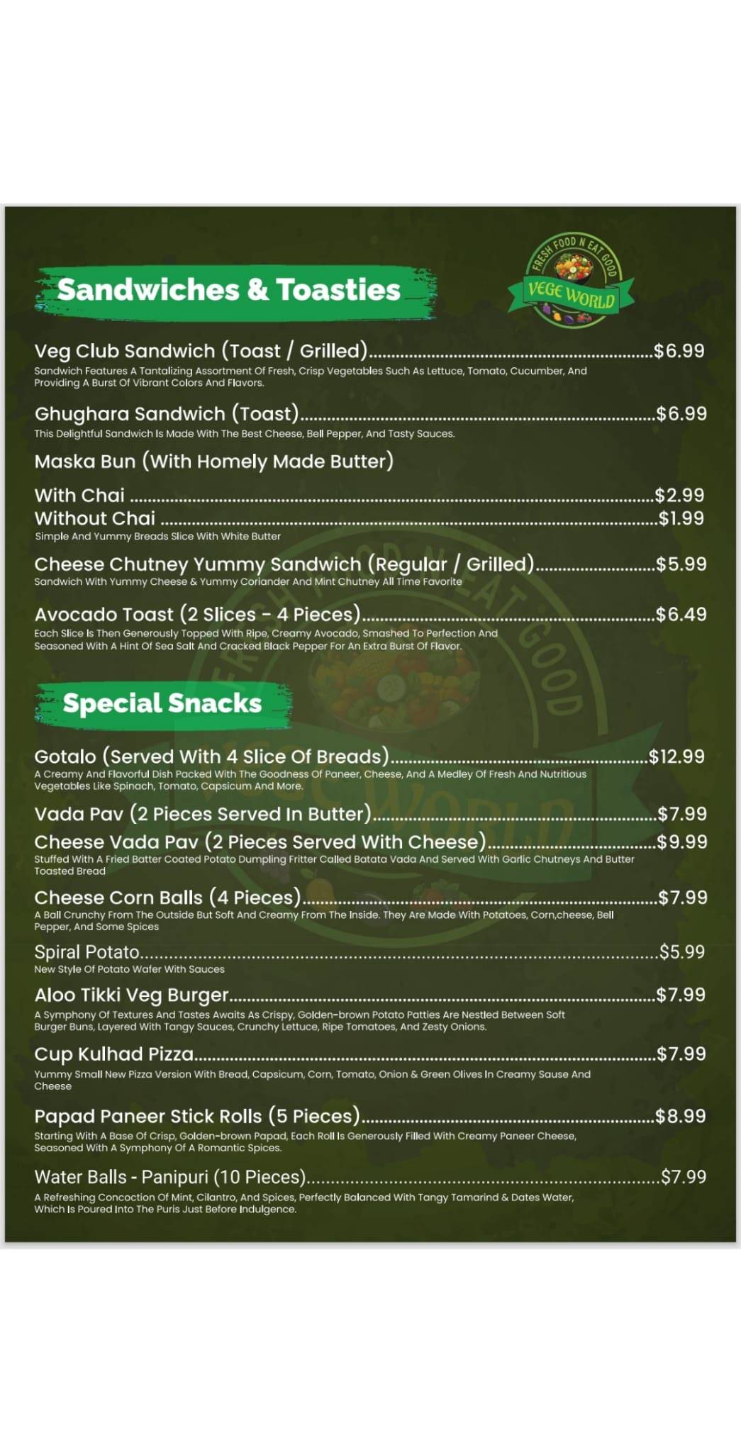 Menu au Vege World restaurant, Moose Jaw