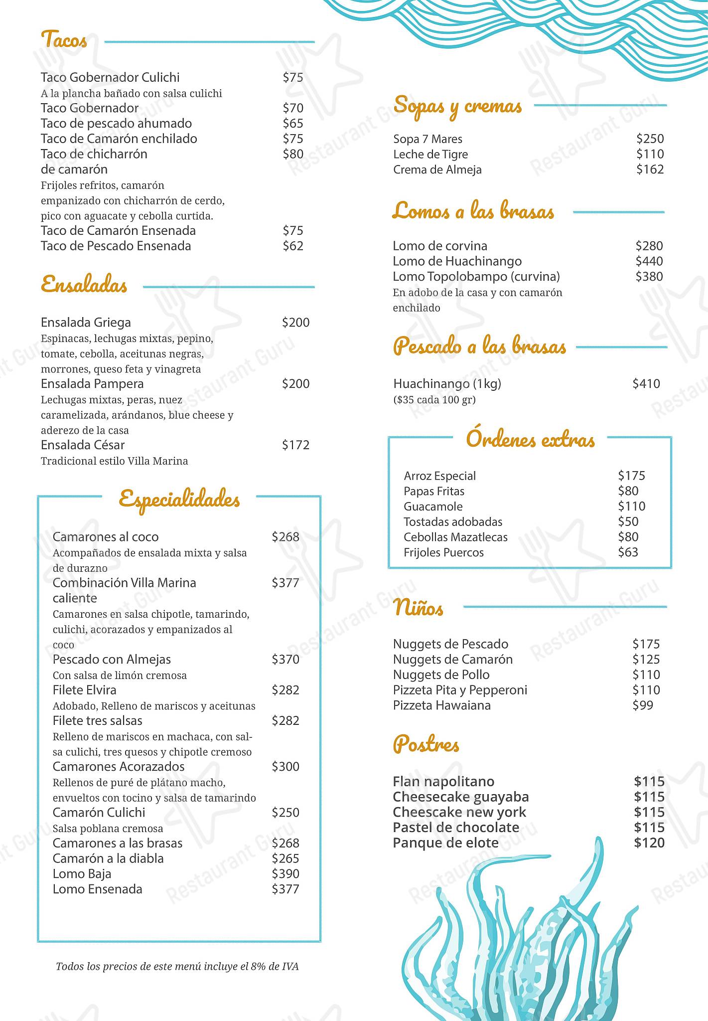 Carta de Villa Marina Restaurante Tijuana, Tijuana, P.º de los Héroes 4449