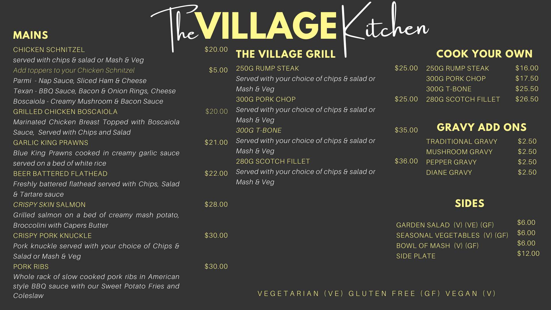Menu at Village Hotel restaurant, Mount Druitt