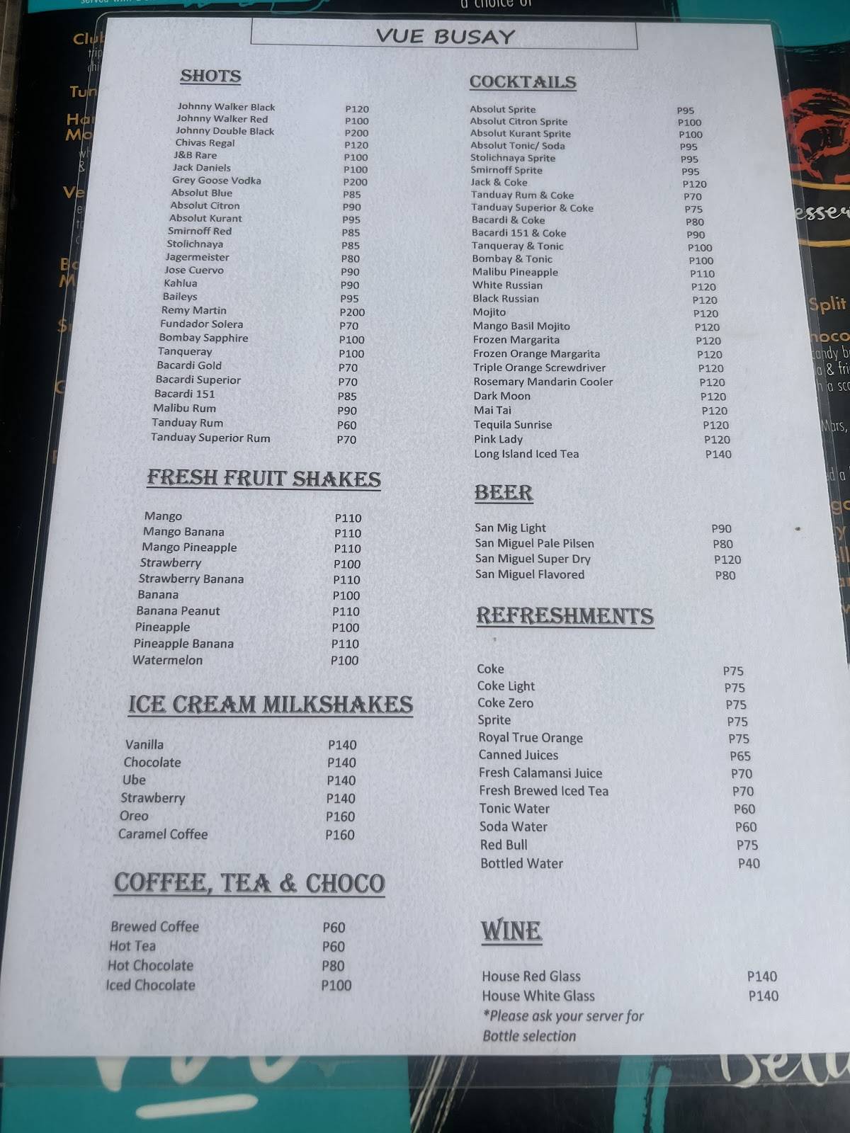 Menu at Vúe restaurant, Cebu City, 9VHF+35X