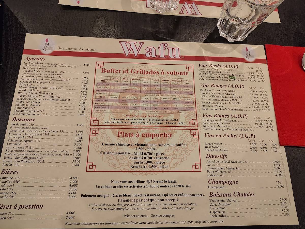 Menu au WAFU restaurant, Fitz-James, Z.I. La Croix Rouge
