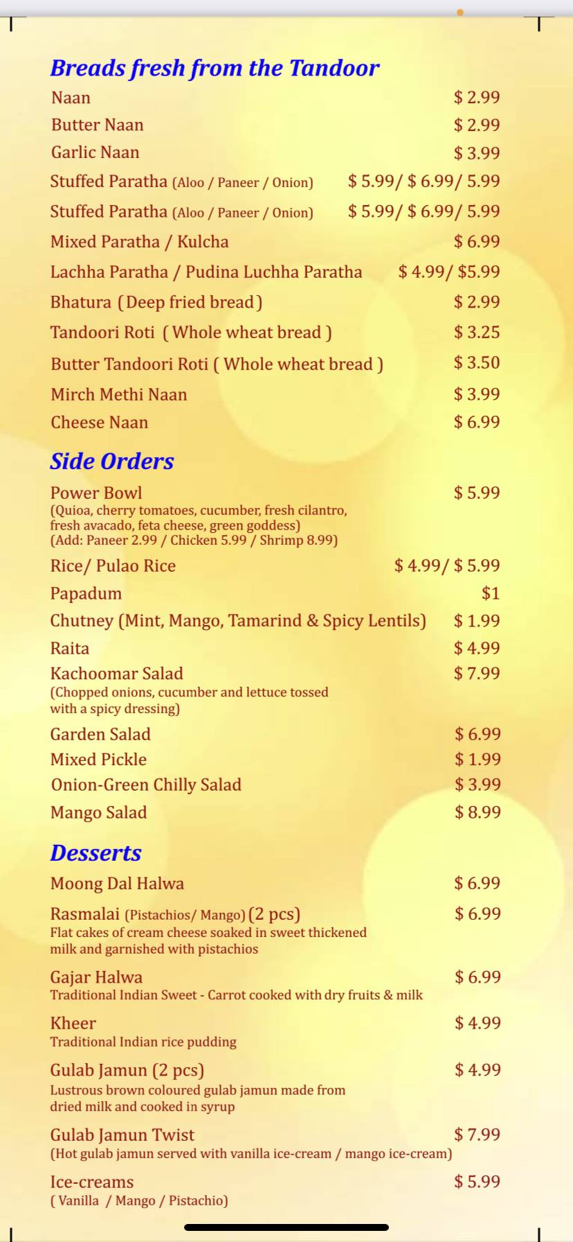 Menu au WOW Indian Kitchen restaurant, Waterloo