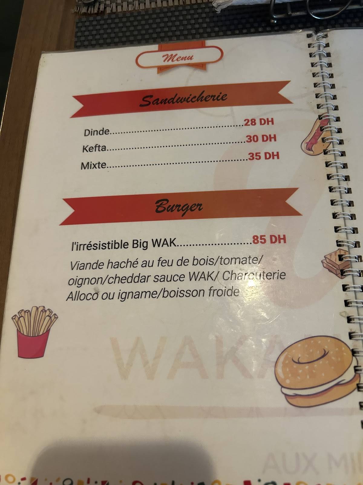 Menu au Wakanda food restaurant, Fes