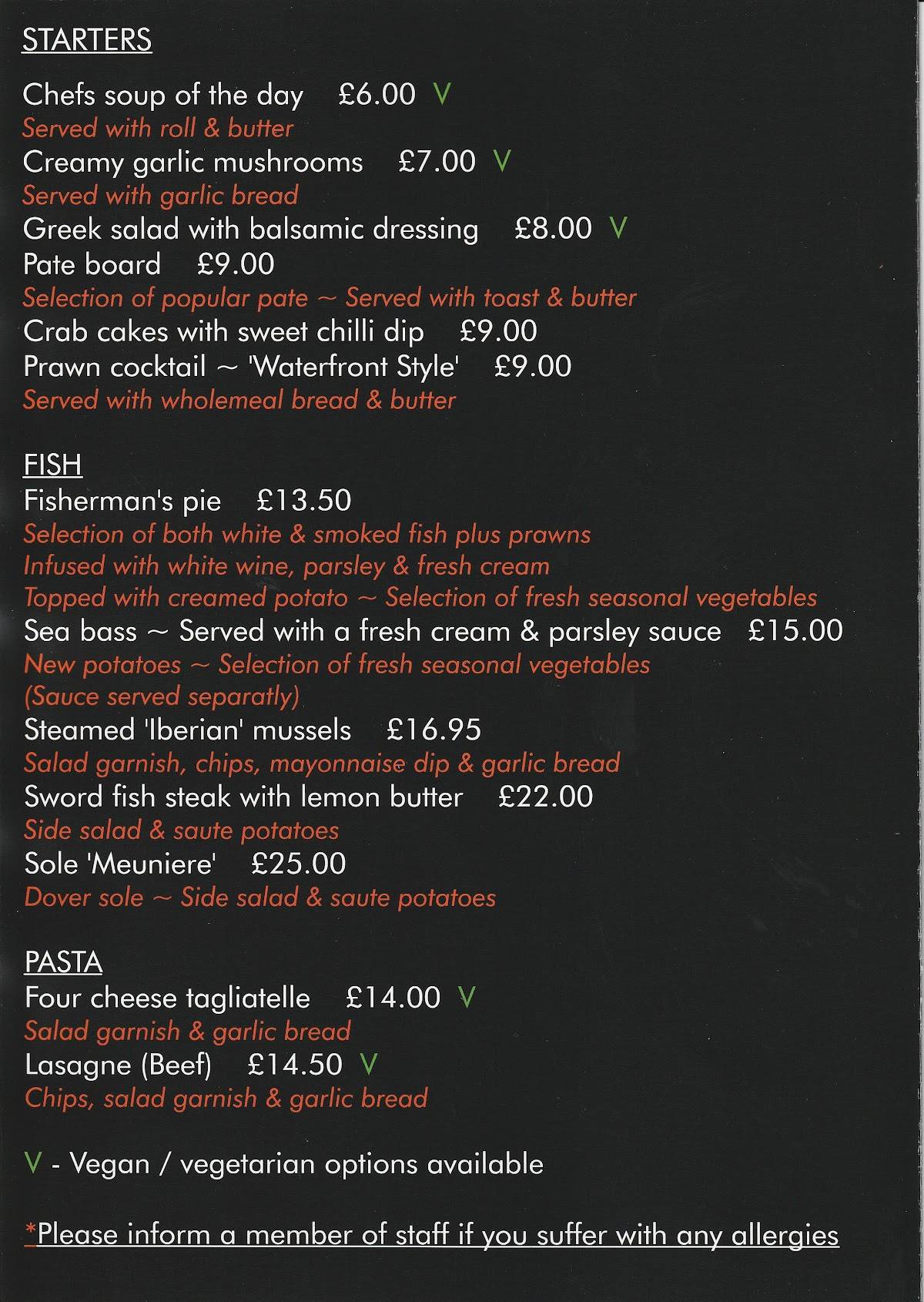 Menu at Waterfront Hotel restaurant, Deal