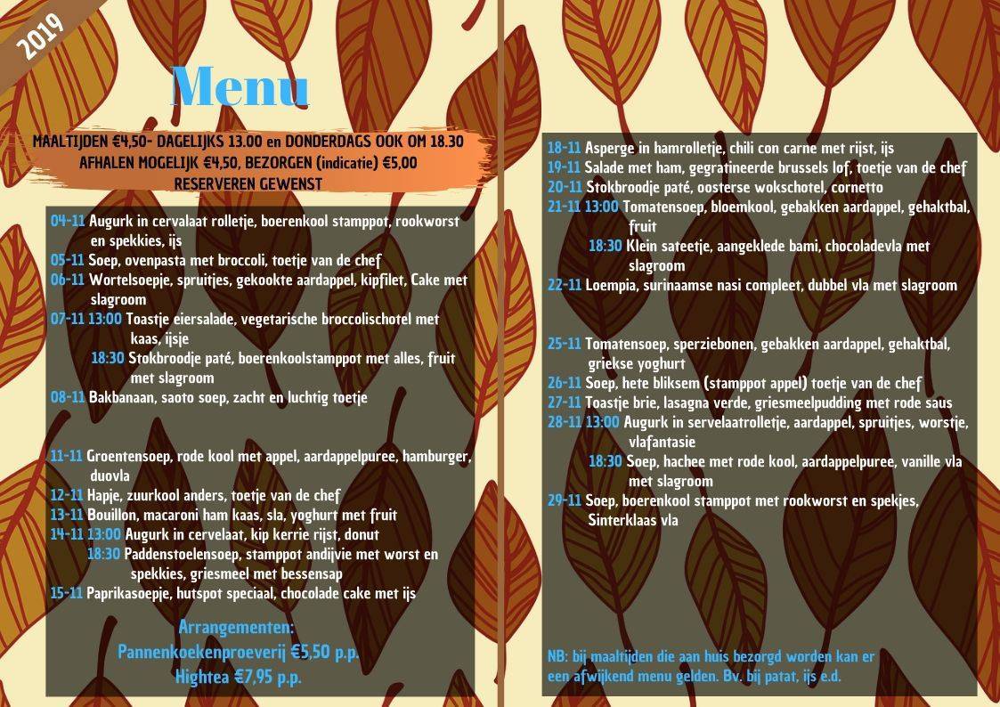 Menu at YMCA Scheveningen restaurant, The Hague