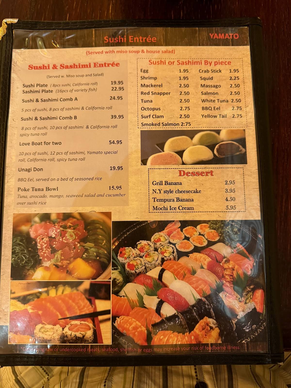 Menu at Yamato Japanese Restaurant, Martinsville