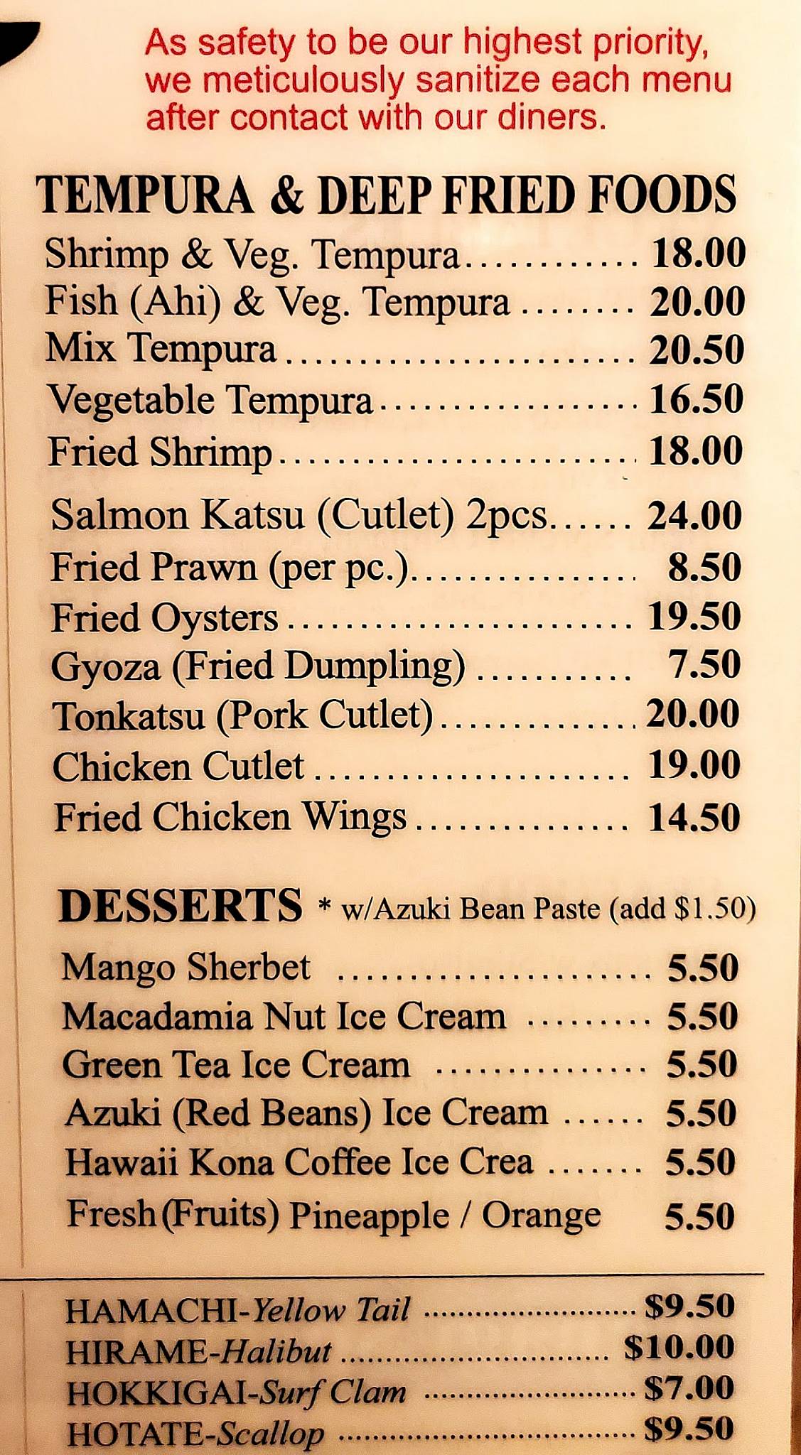 Menu at Yanagi Sushi restaurant, Honolulu