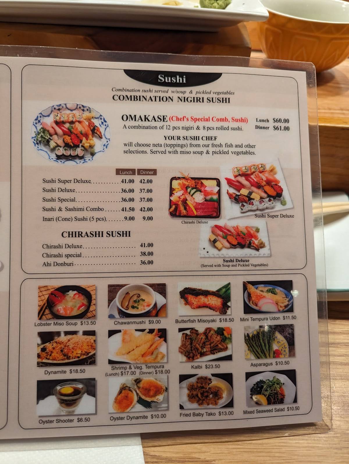 Menu at Yanagi Sushi restaurant, Honolulu