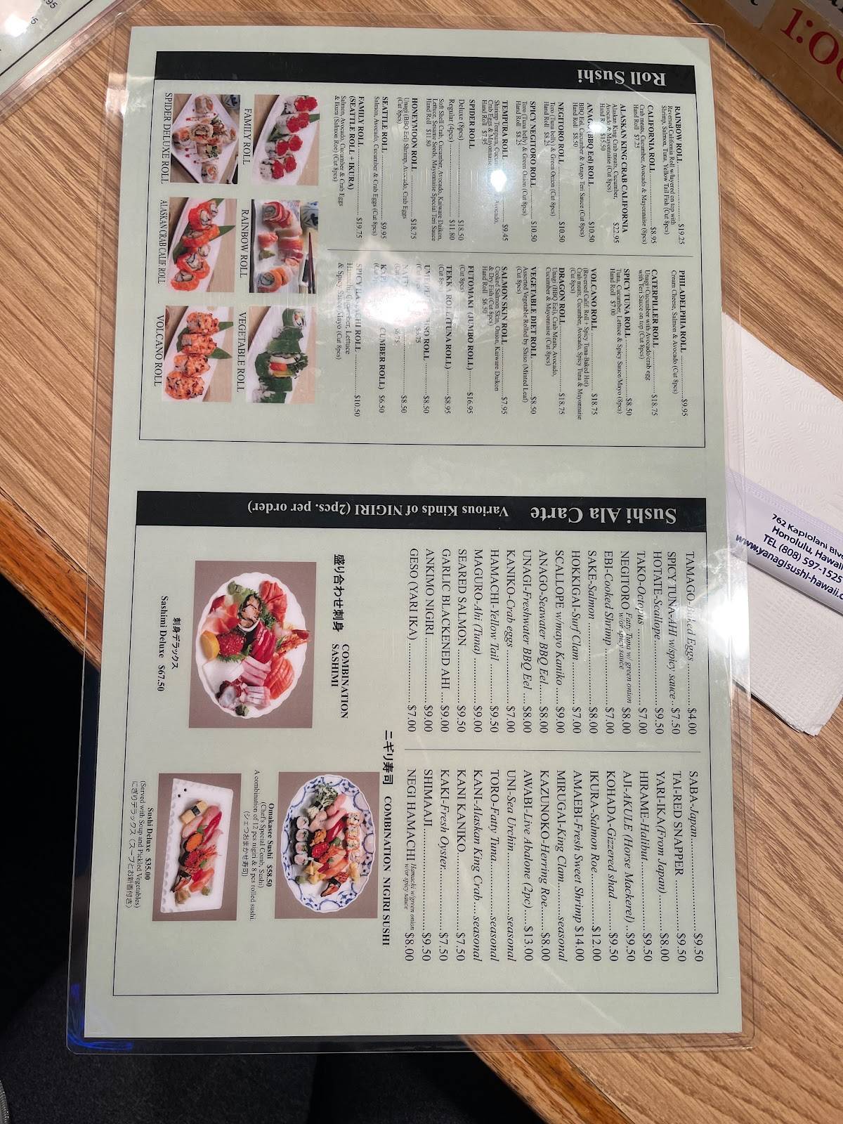 Menu at Yanagi Sushi restaurant, Honolulu
