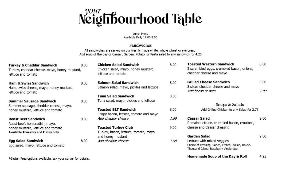Menu at Your Neighbourhood Table restaurant, Canada, Side Rd 15 RR#3