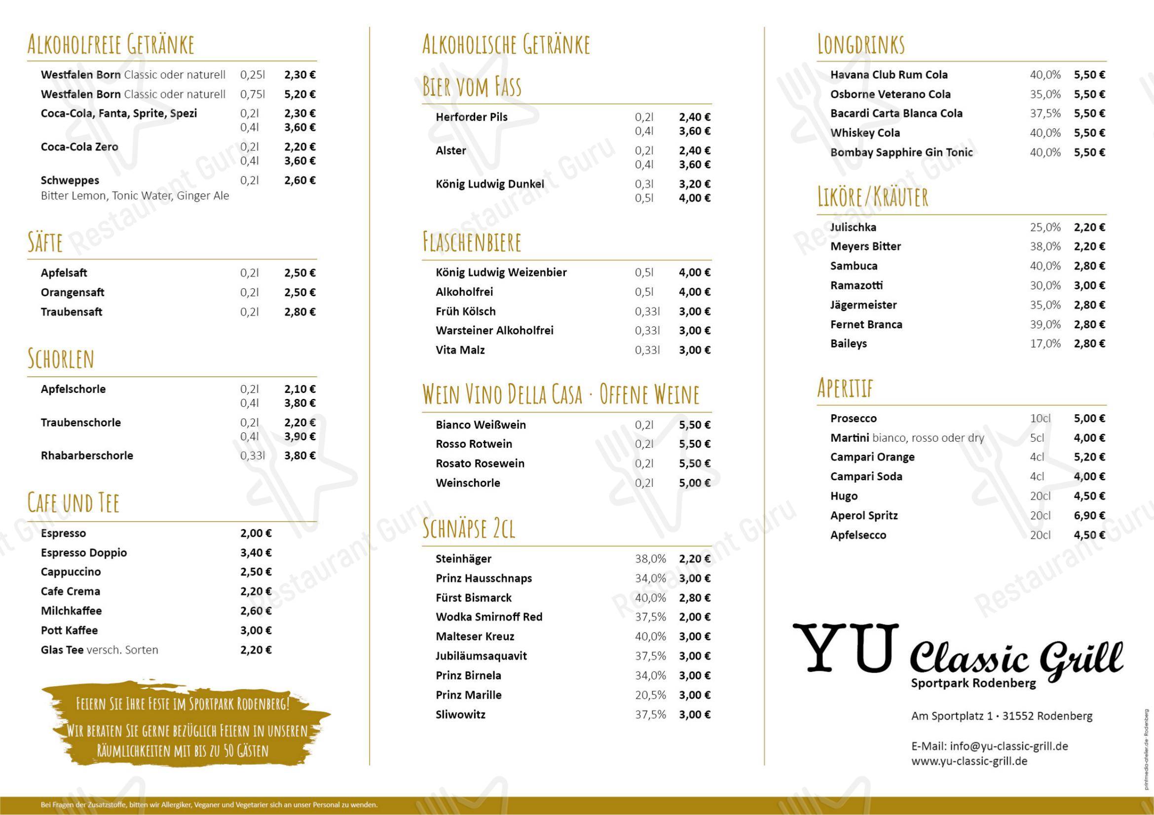 Menu at Yu Classic Grill restaurant, Rodenberg