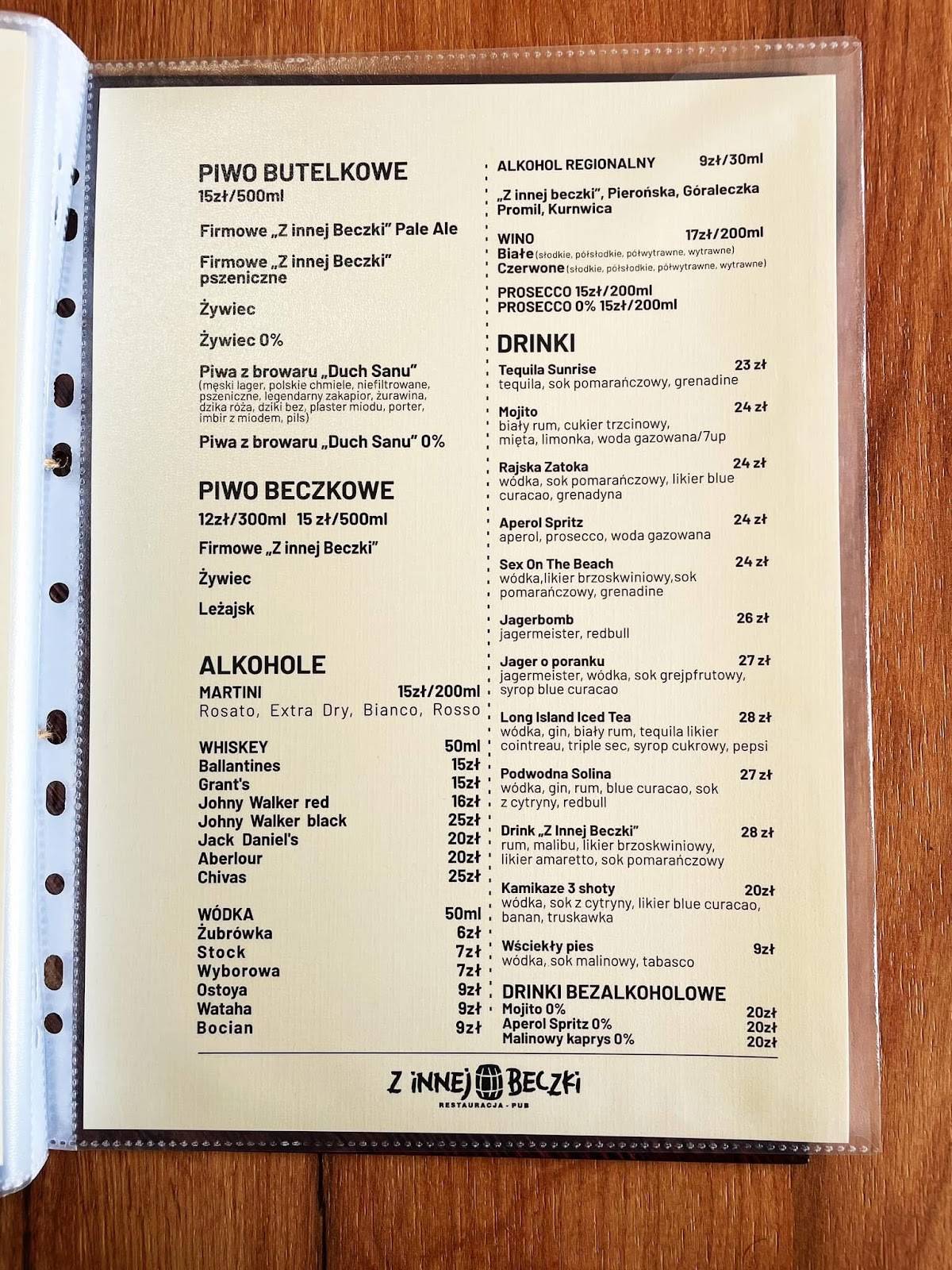 Menu at Z innej Beczki restaurant, Solina