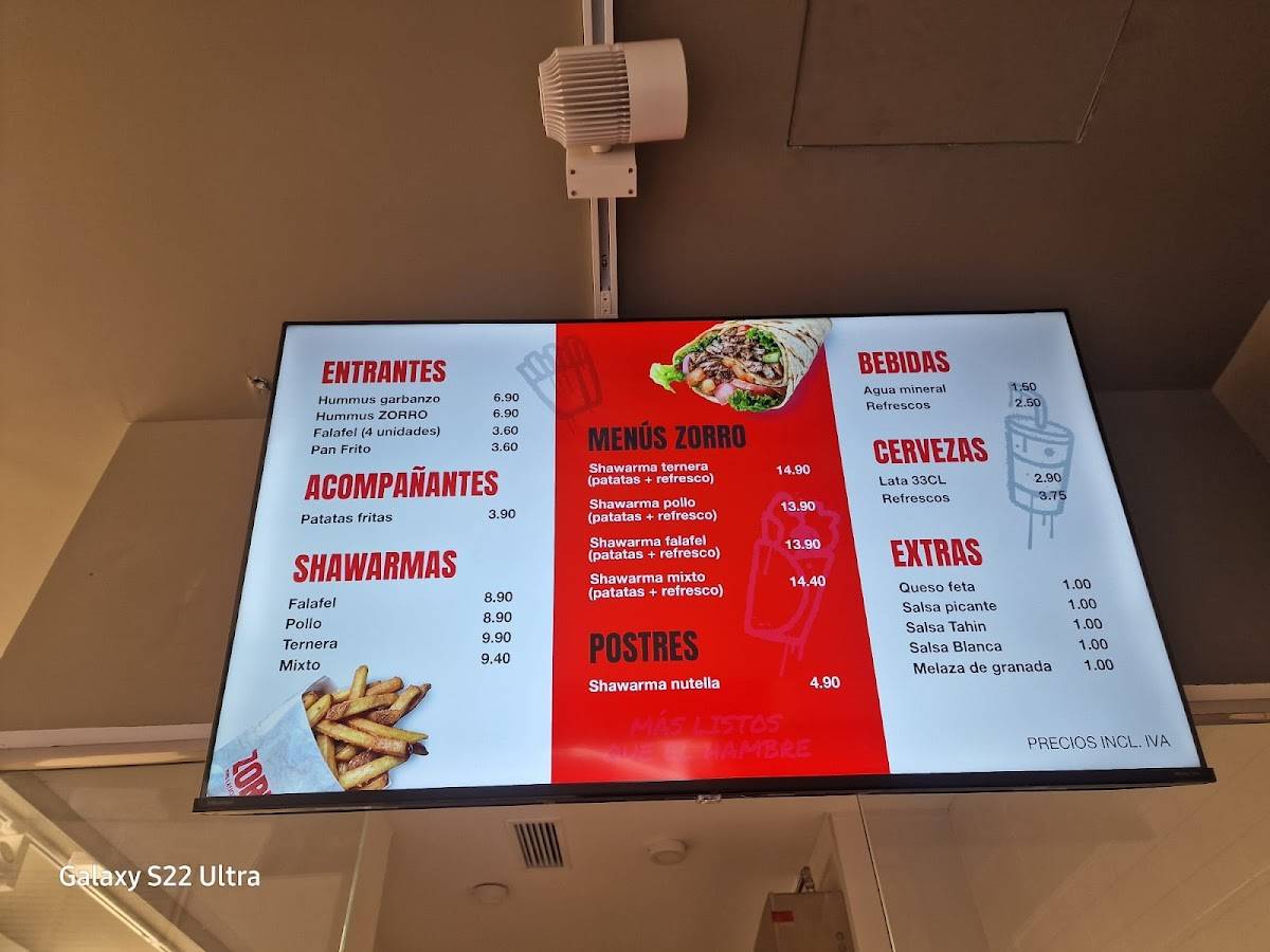 Menu at ZORRO restaurant, Madrid