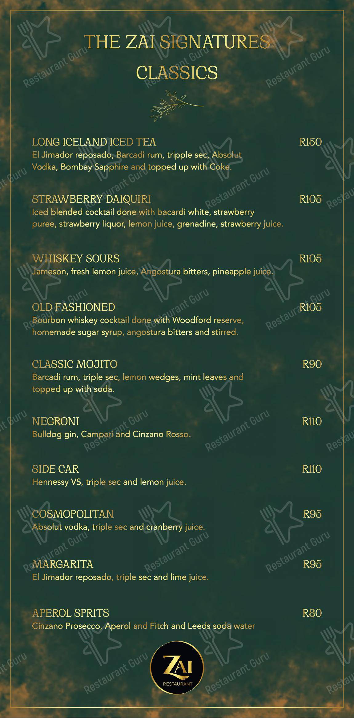 Menu at Zai Restaurant Durban, Durban