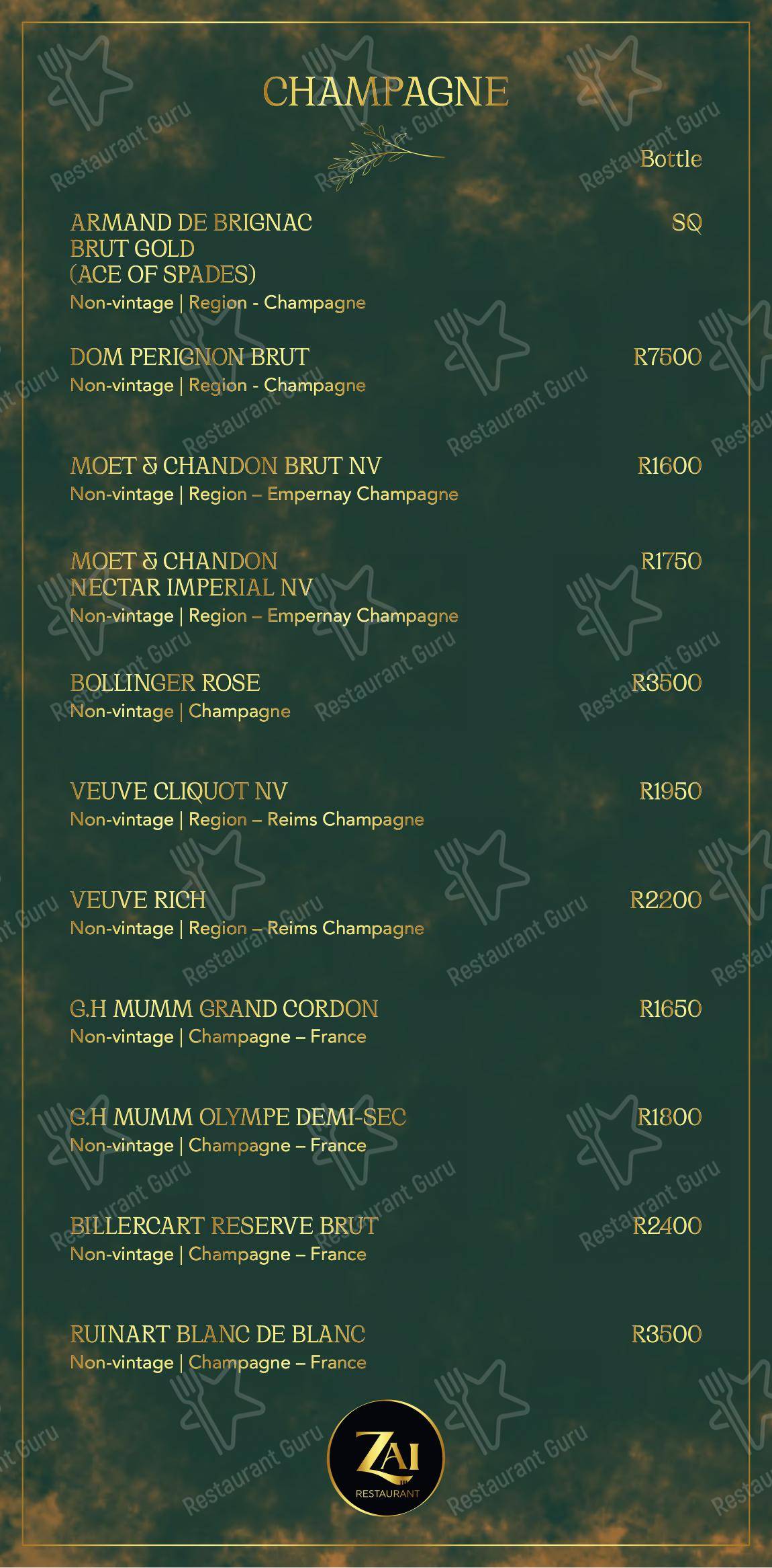 Menu at Zai Restaurant Durban, Durban