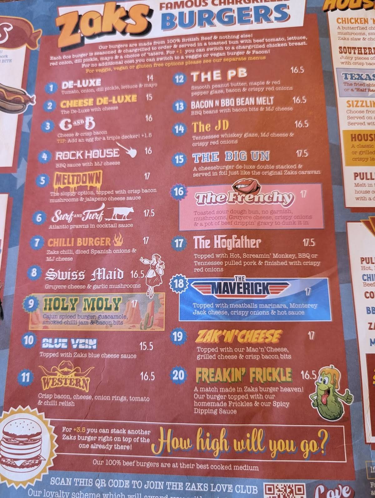 Menu at Zaks Mousehold Diner restaurant, Norwich