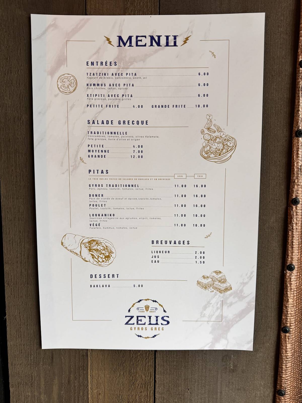 Menu au Zeus gyros Grec restaurant, Québec