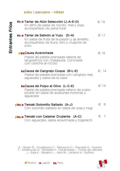 Menu at Zoku Madrid (Restaurante Peruano - Nikkei), Madrid