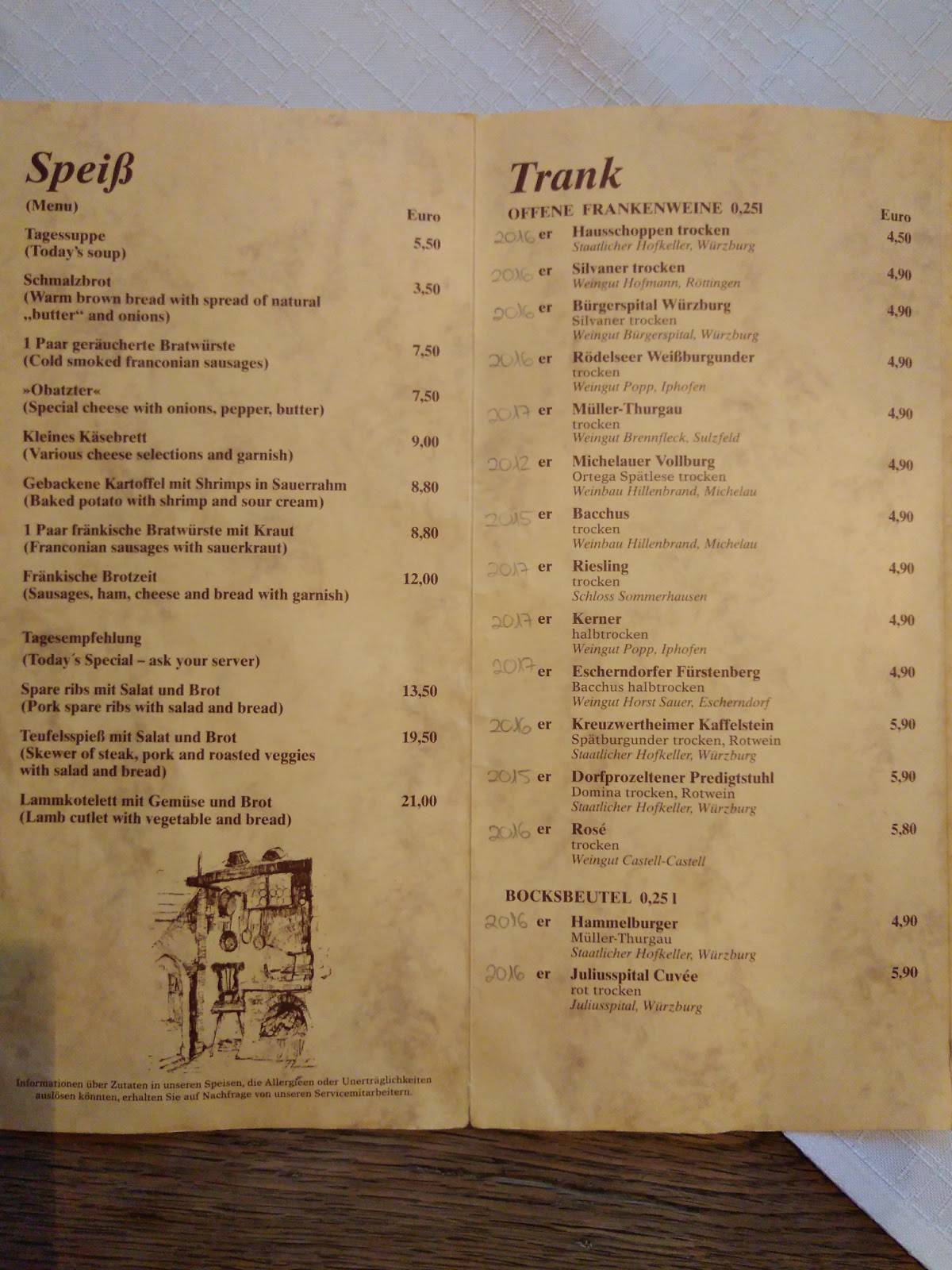 Menu at Zur Hoell restaurant, Rothenburg ob der Tauber