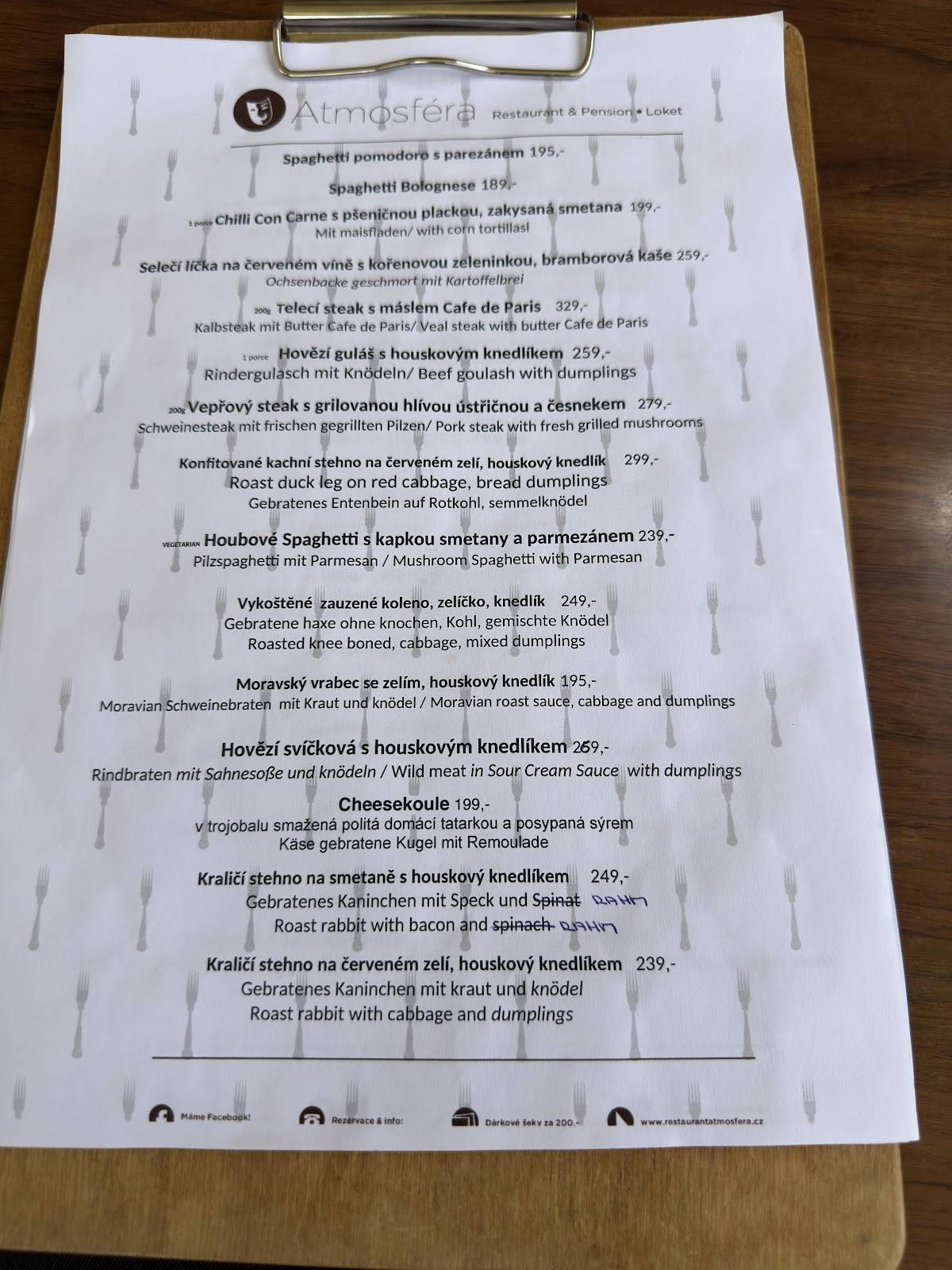 Menu at Restaurant & Pension Atmosféra, Loket
