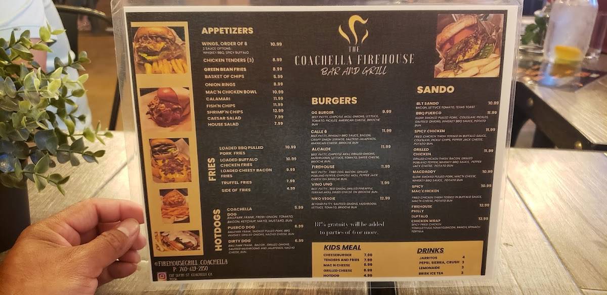 Menu at coachella firehouse bar and grill, Coachella